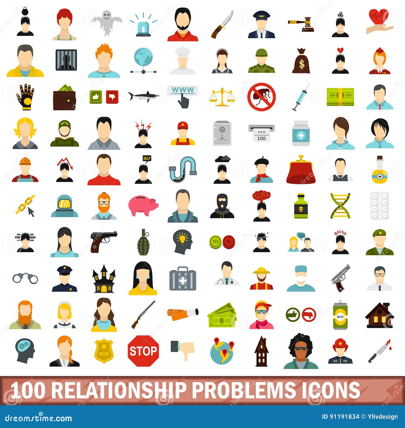 100 Relationship Problems Icons Set, Flat Style Stock Vector ...