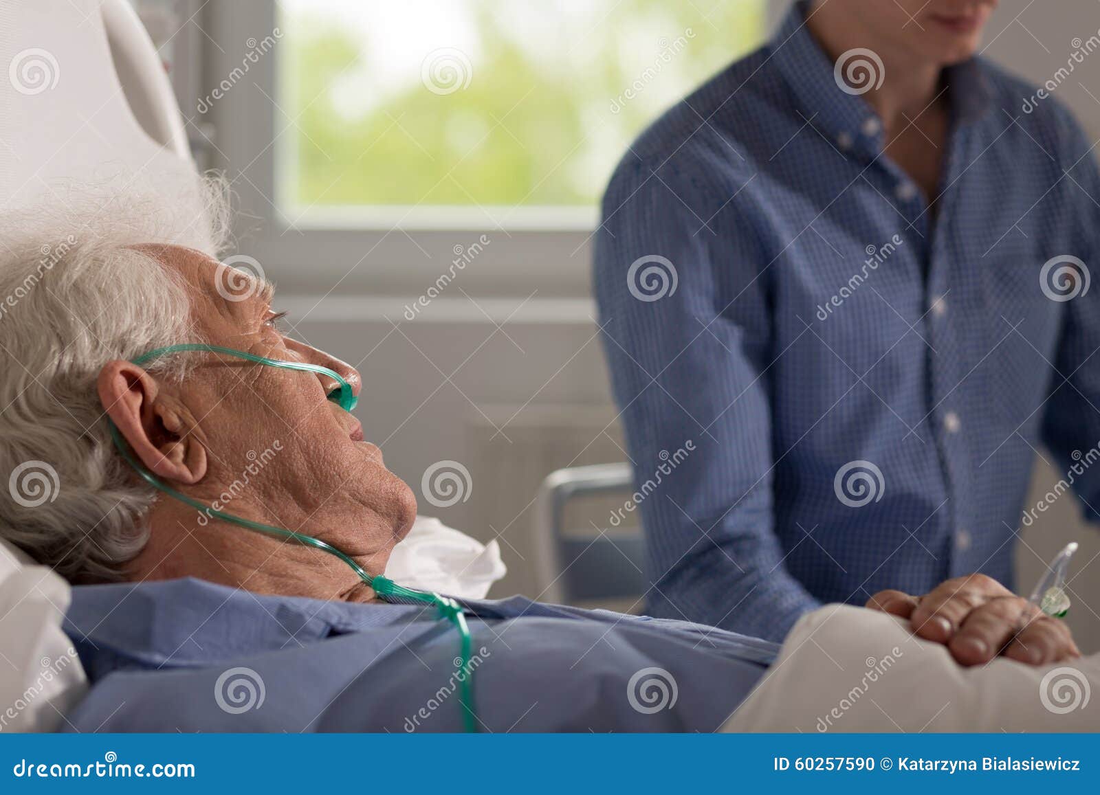 Relative Visits Elderly Hospitalized Man Stock Photo - Image of lying ...