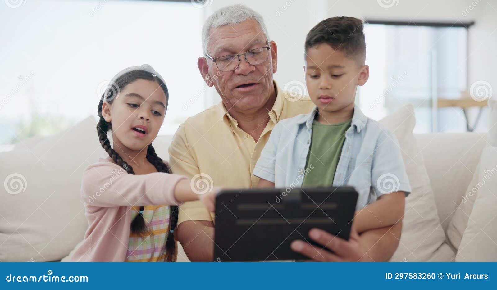 Relax, Kid or Grandpa with Tablet for Elearning or Studying for Remote ...