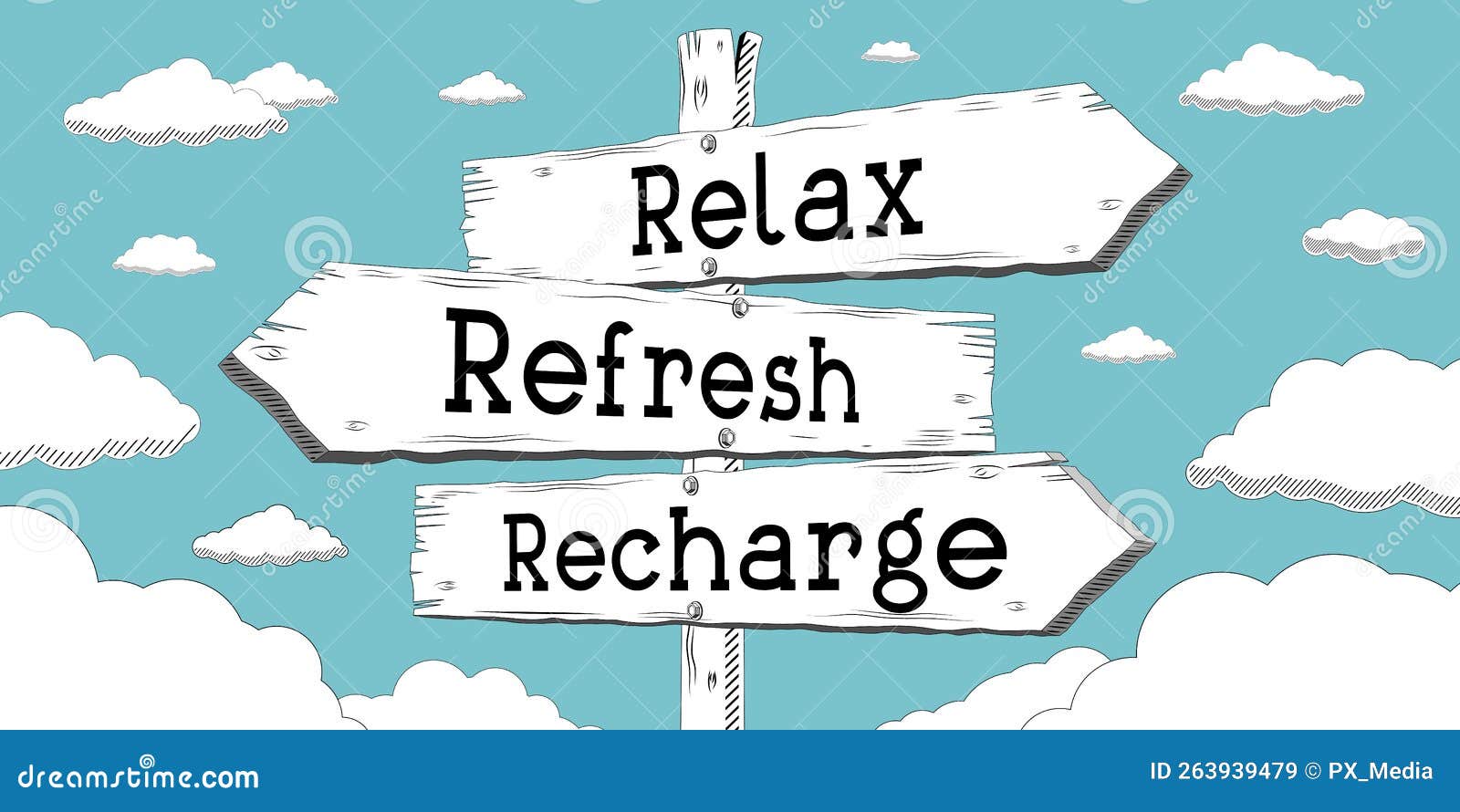 Relax, Refresh, Recharge - Outline Signpost with Three Arrows Stock ...