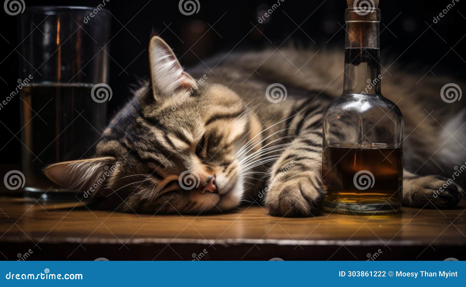 Drunk Tabby Cat beside Whiskey Bottle and Glass Stock Photo - Image of ...