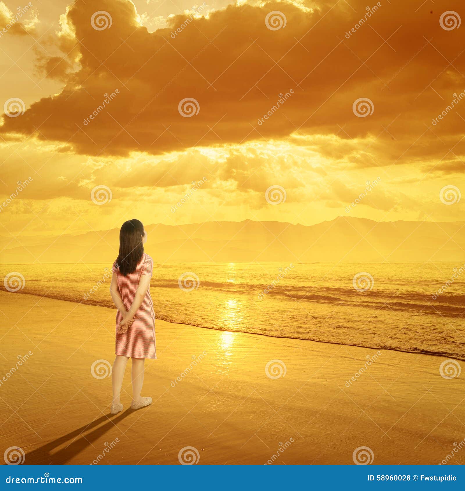 Relax Woman Standing on Beach Sunset and Mountain Stock Photo - Image ...
