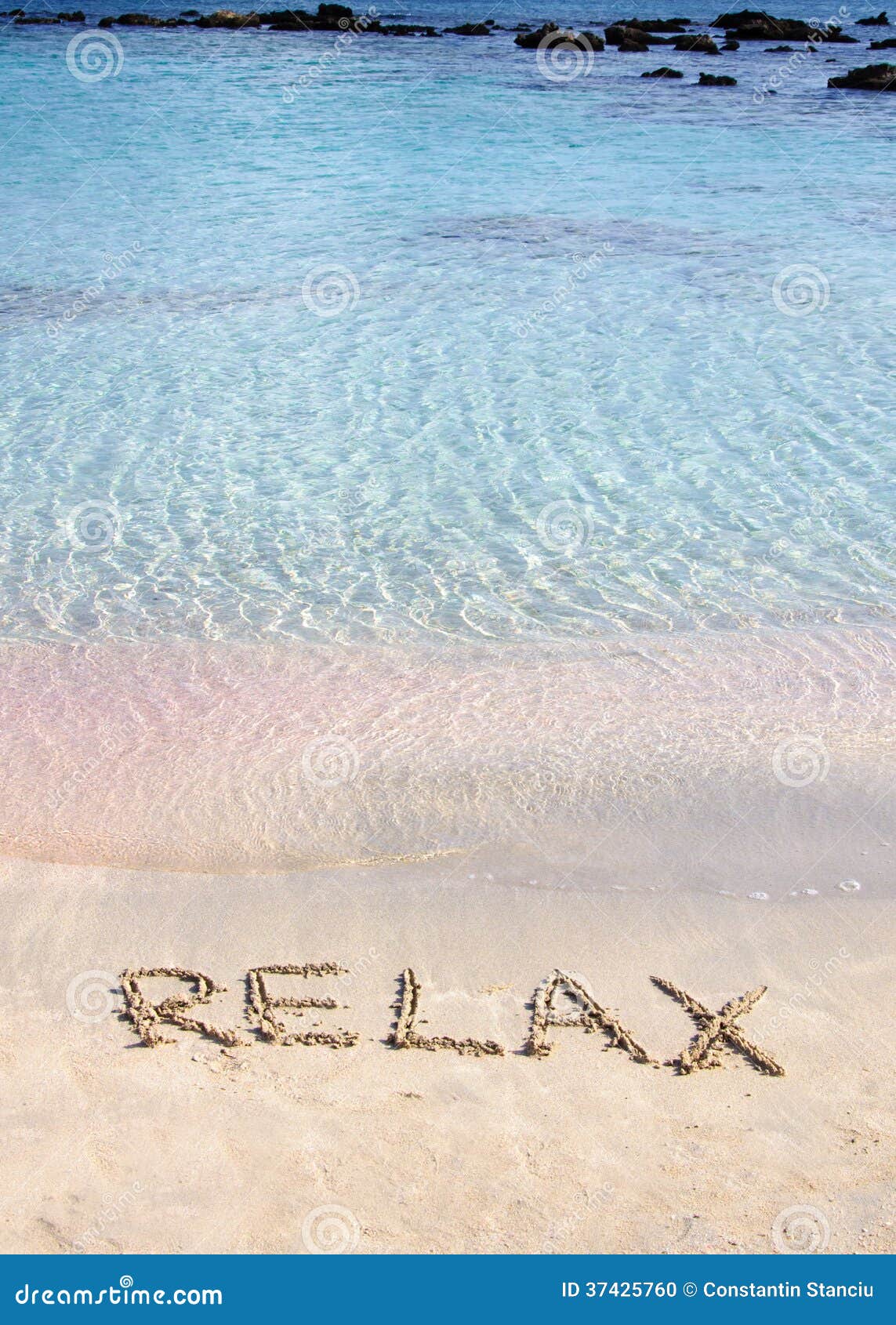 Relax Word Written in the Sand, on a Beautiful Beach with Clear Blue ...