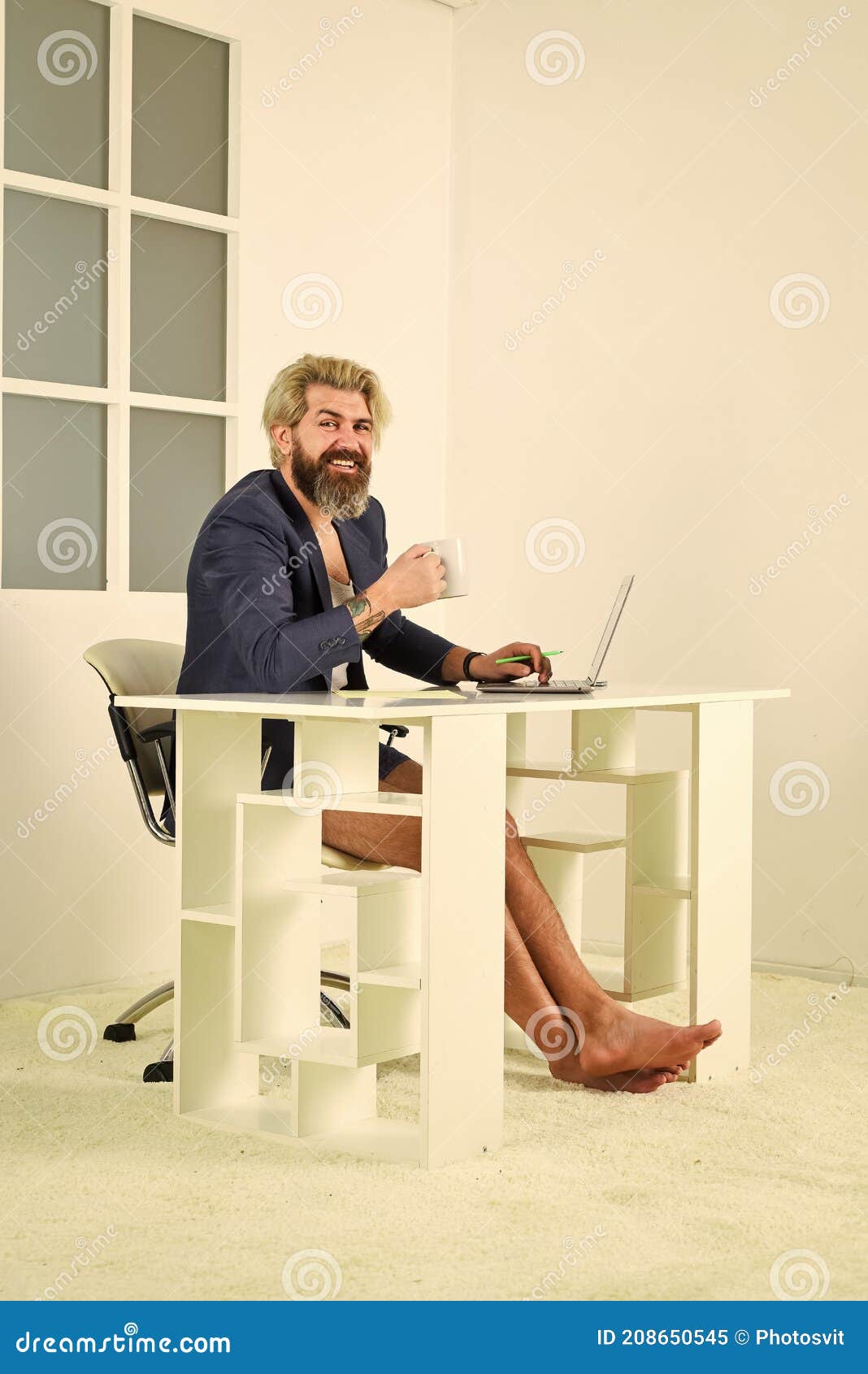 Relax Yourself. Home is Best Office. Barefoot Guy Working from Home ...