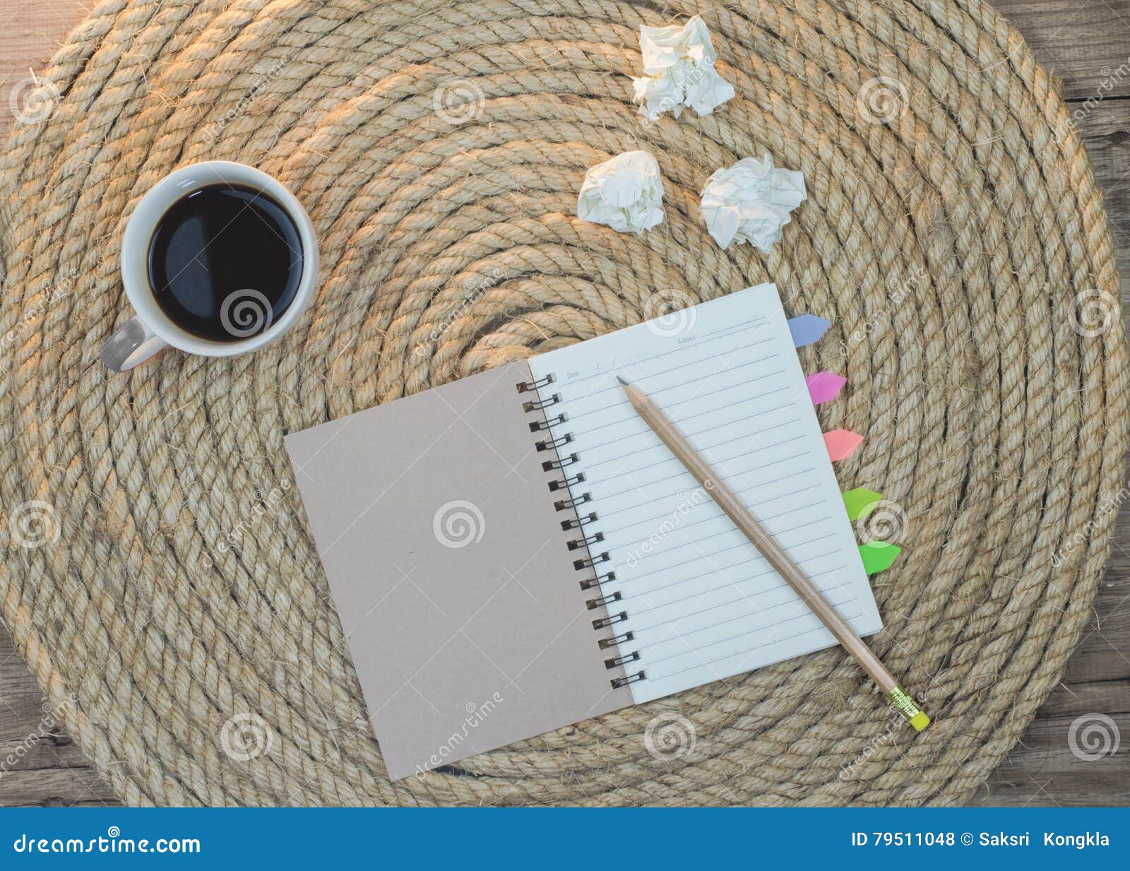 Relaxation Drink Coffee Write Book on a Jute Rope. Stock Photo - Image ...