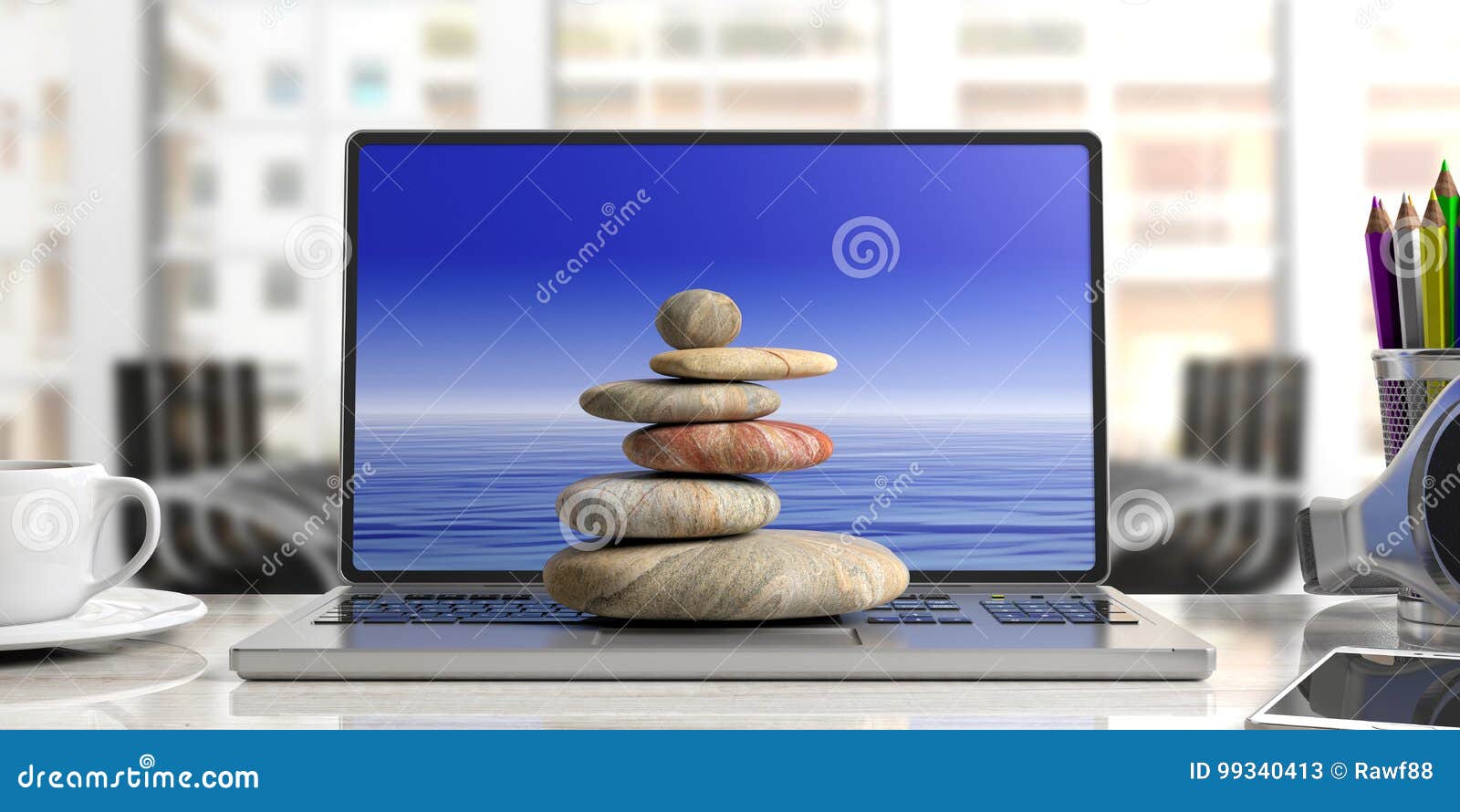 Zen Stones Stack on a Computer, Office Background. 3d Illustration ...