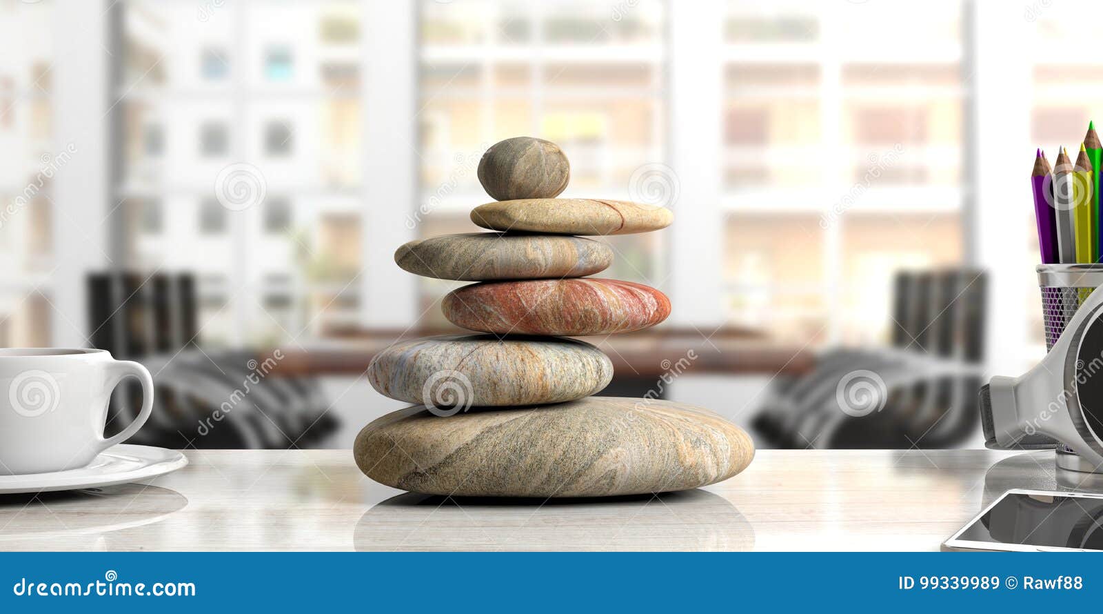 Zen Stones Stack on a Desk, Office Background. 3d Illustration Stock ...