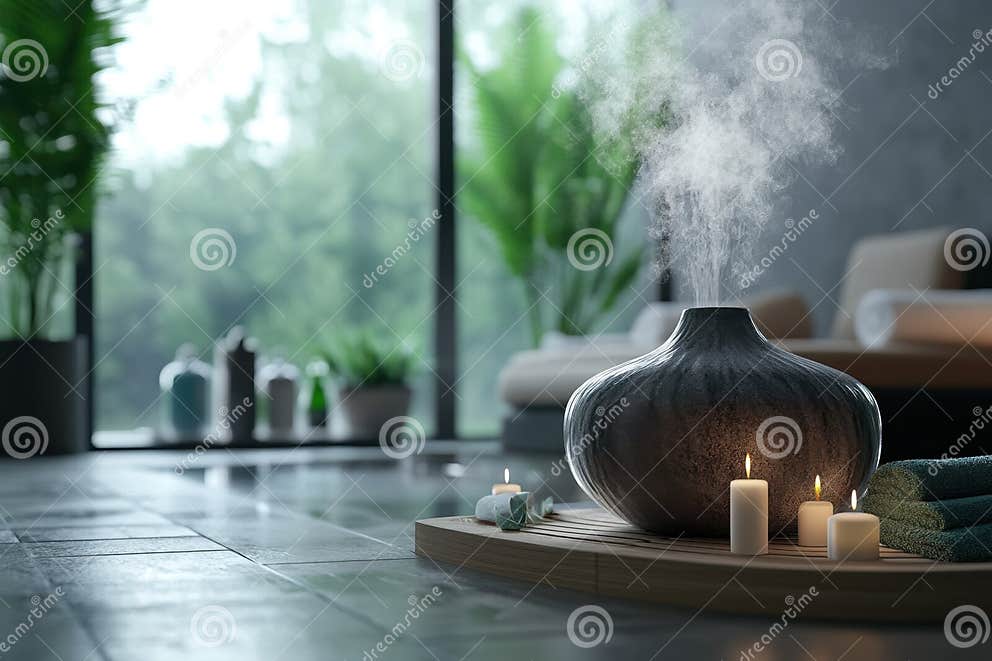 Relaxation Space with Steam Diffuser and Candles Set in a Modern Spa ...