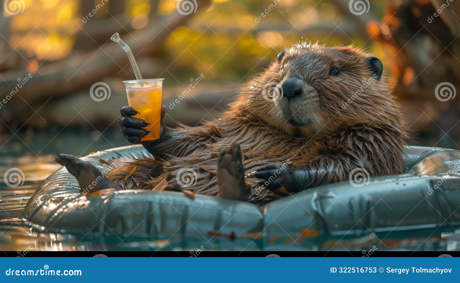 Relaxed Beaver Enjoying a Drink in an Inflatable Pool Float Stock Image ...