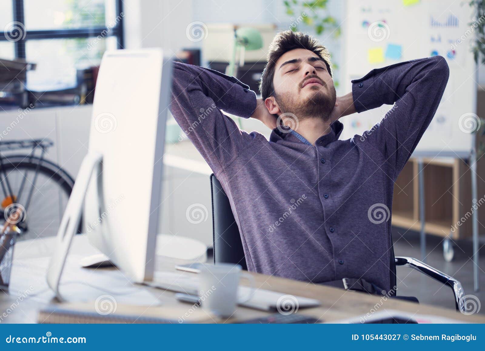 Relaxed Businessman Working on Computer Stock Image - Image of stretch ...