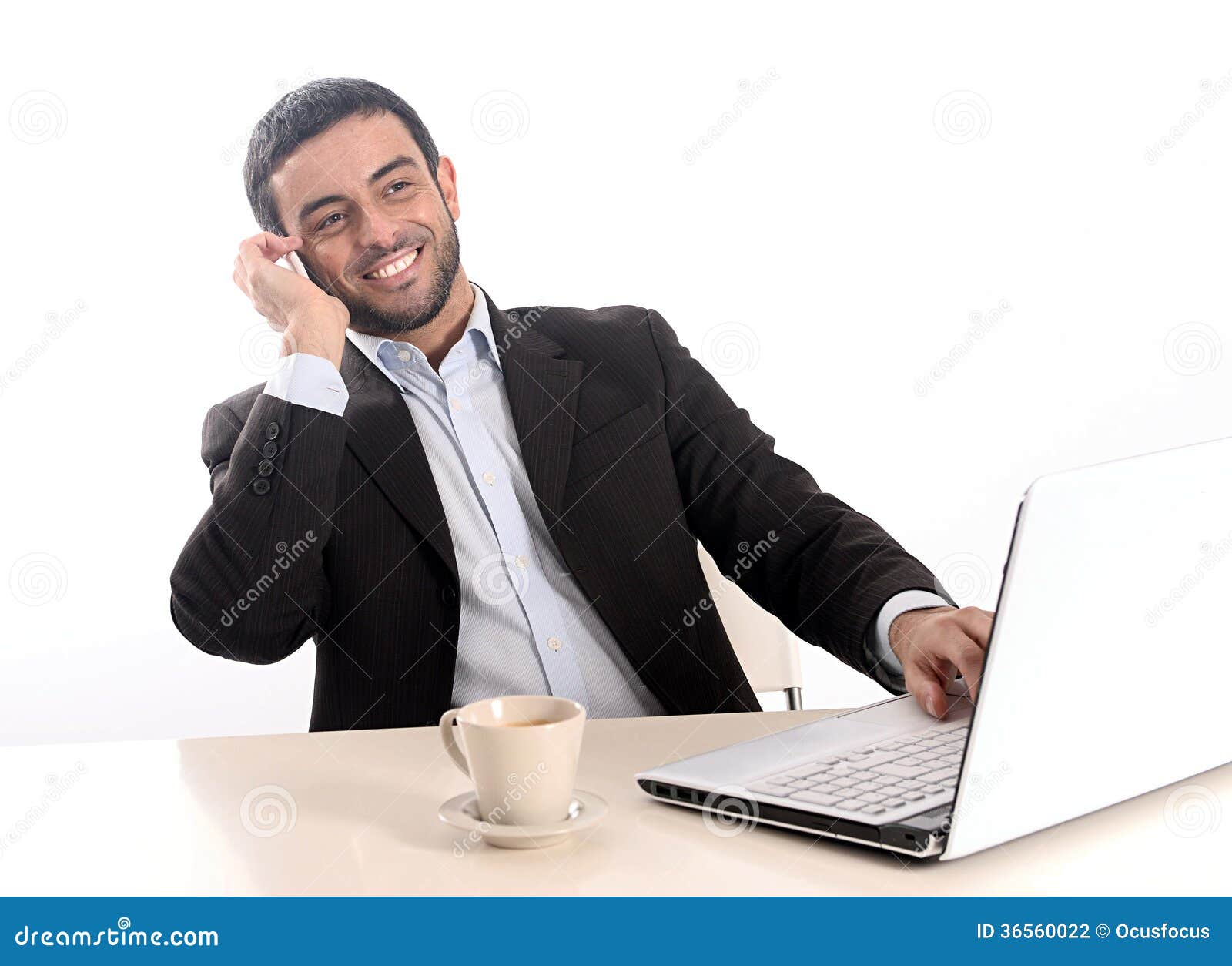 Relaxed Businessman Working with Computer and Mobile Stock Photo ...