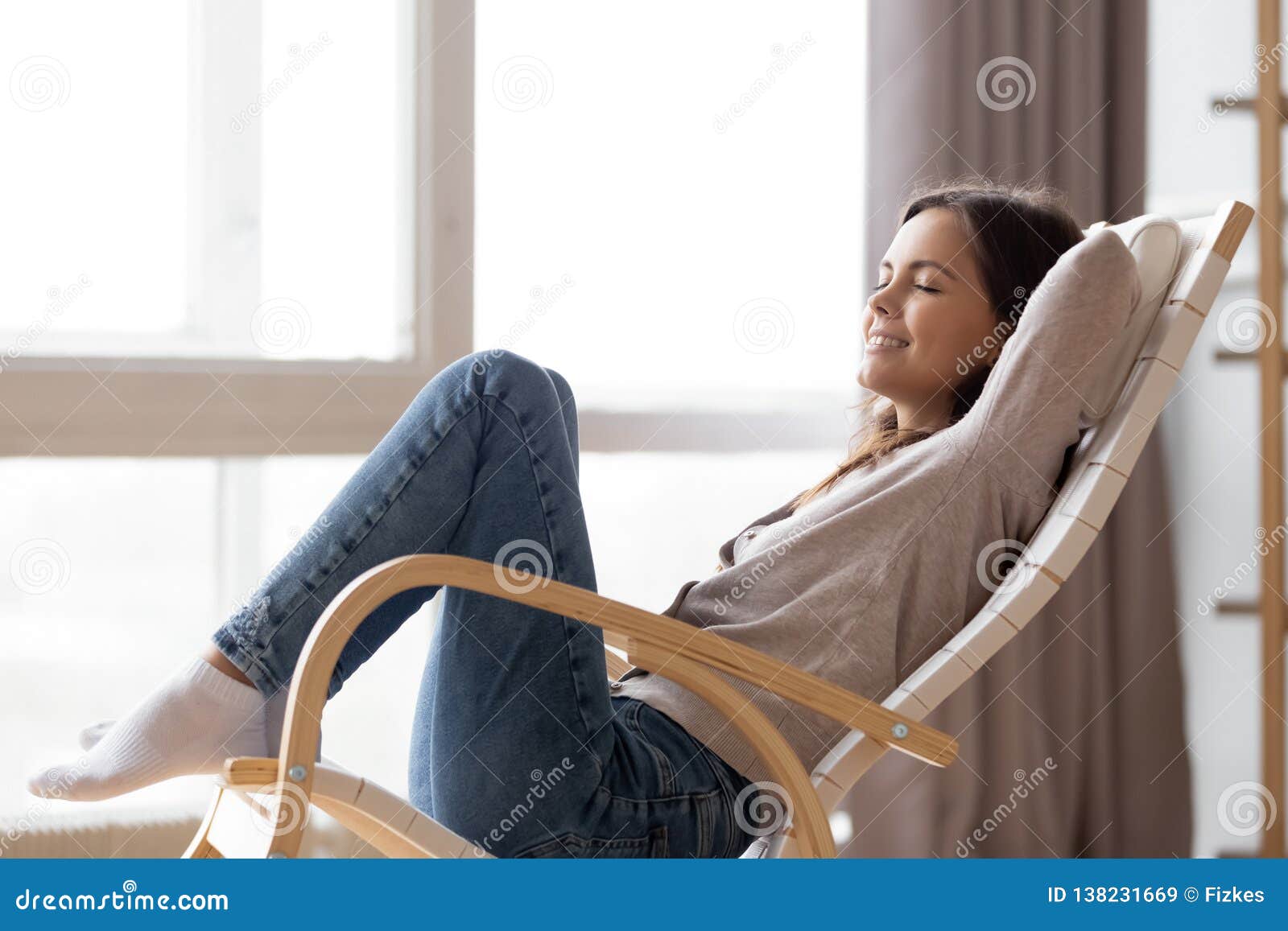 Relaxed Calm Young Woman Lounging Sitting In Comfortable Rocking Chair Stock Image Image Of