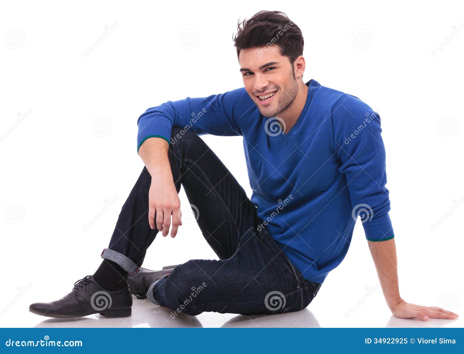 Relaxed Casual Man Sitting on White Background Stock Image - Image of ...