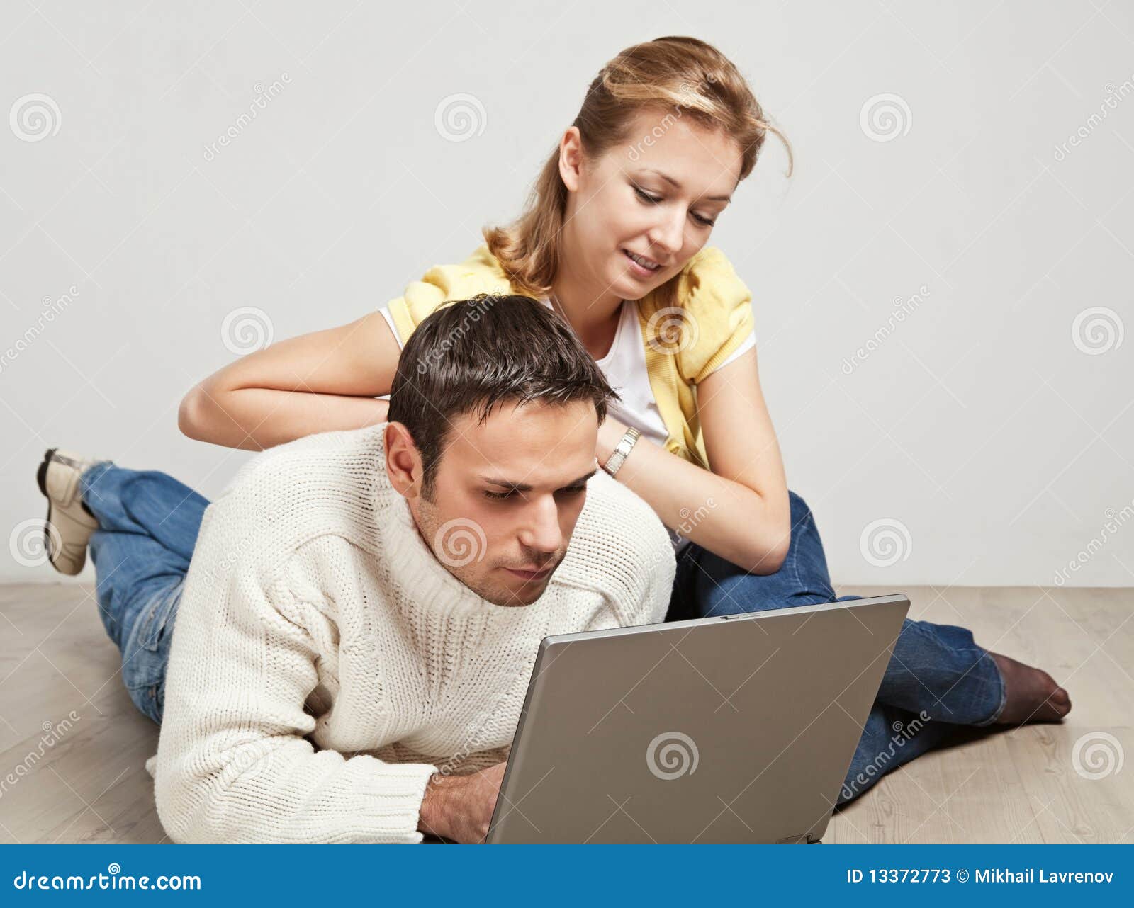 Relaxed Couple with Laptop Computer Stock Image - Image of floor, happy ...