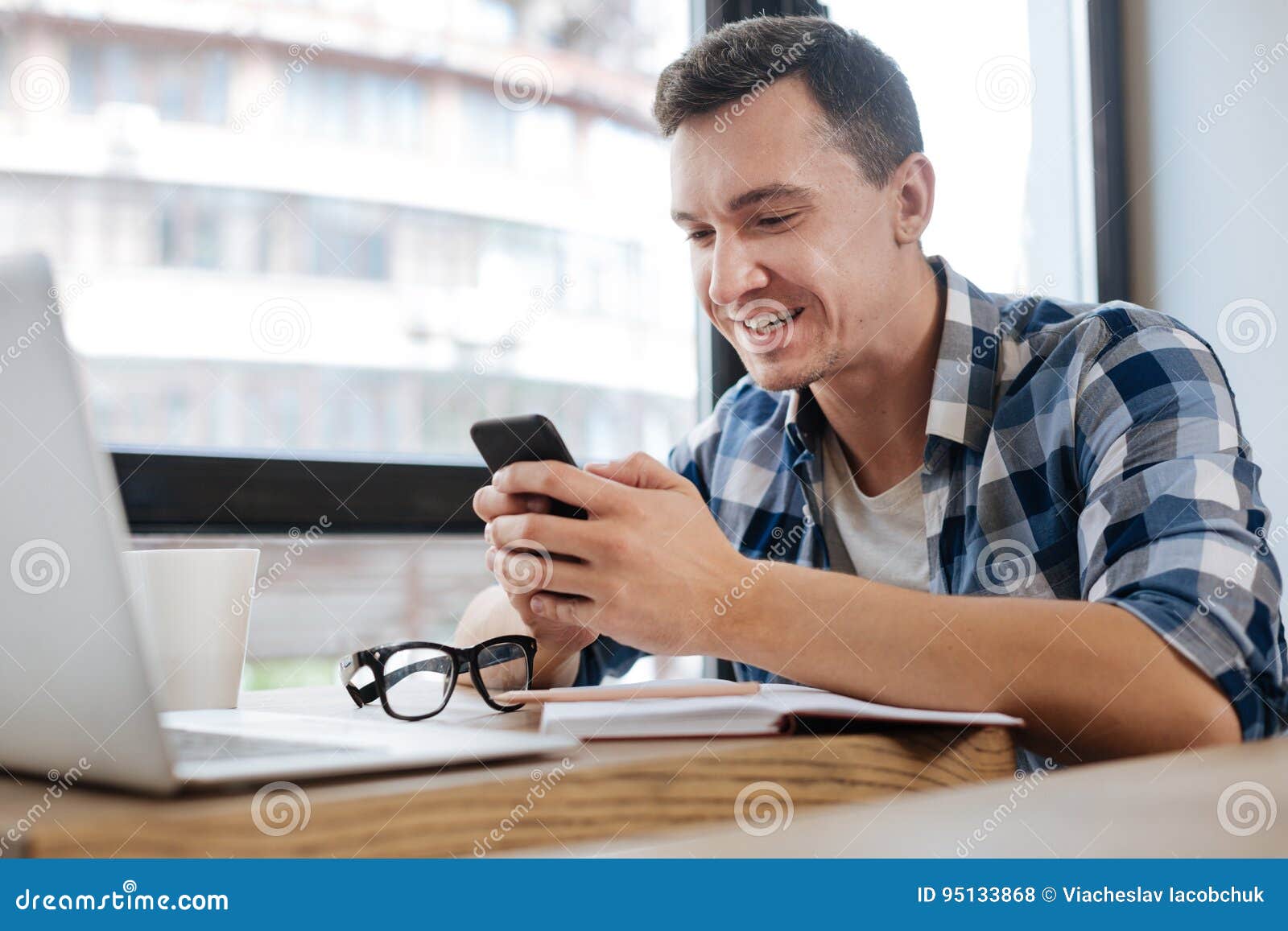 Relaxed Engaged Guy Checking Updates Stock Photo - Image of diversity ...