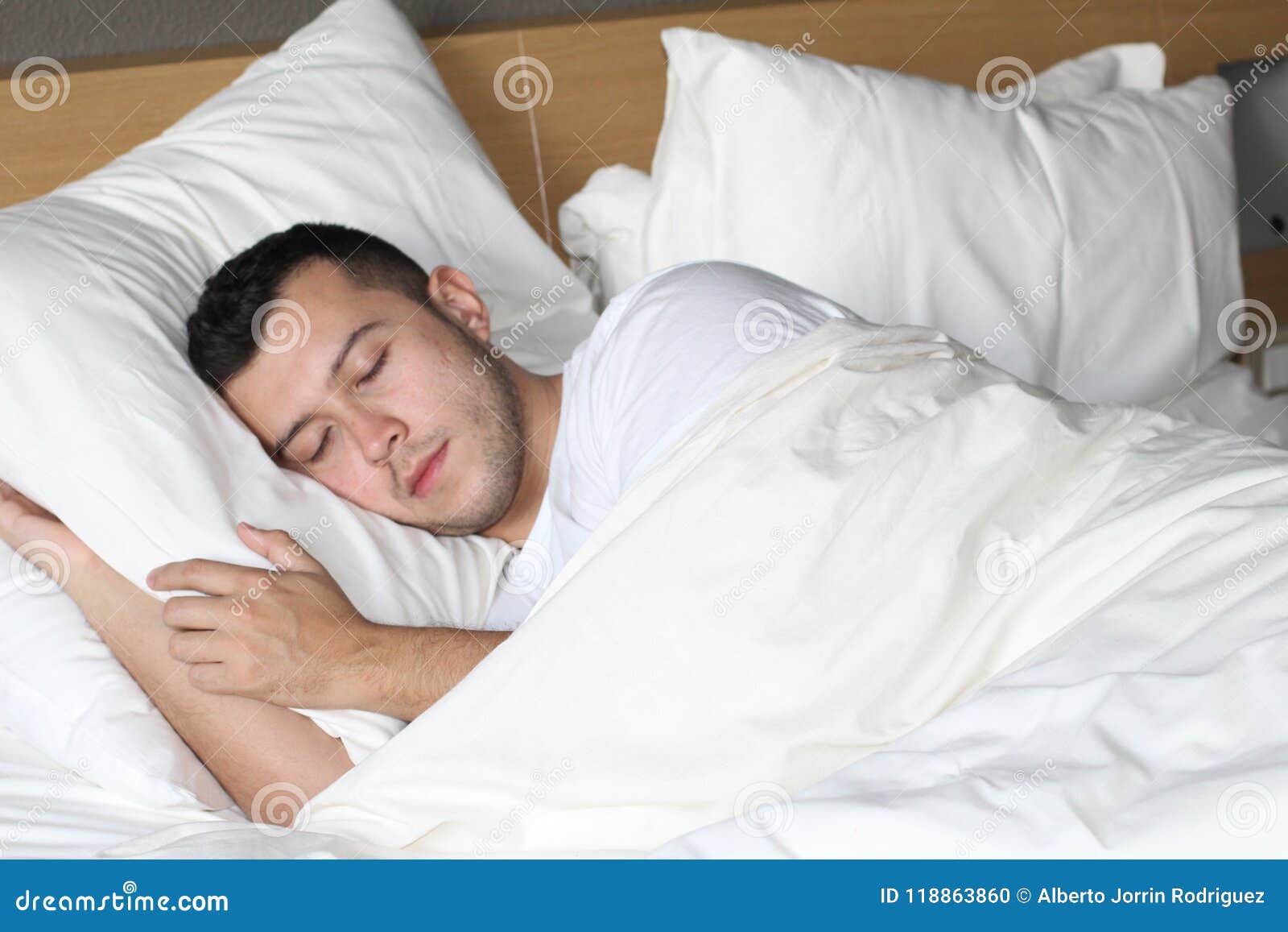 Male Sleeping Alone In Dark Room At Night, Comfortable Mattress And ...
