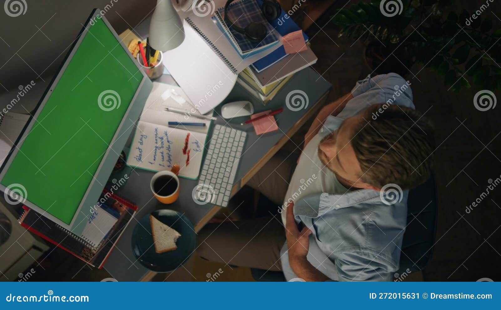 Relaxed Guy Stretching Home Workplace Top View. Ginger Man Making Pause ...