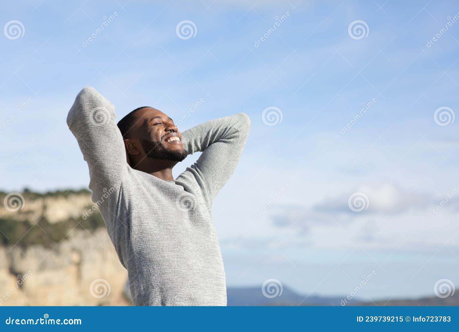 Relaxed Man with Black Skin Breathing in the Mountain Stock Image ...