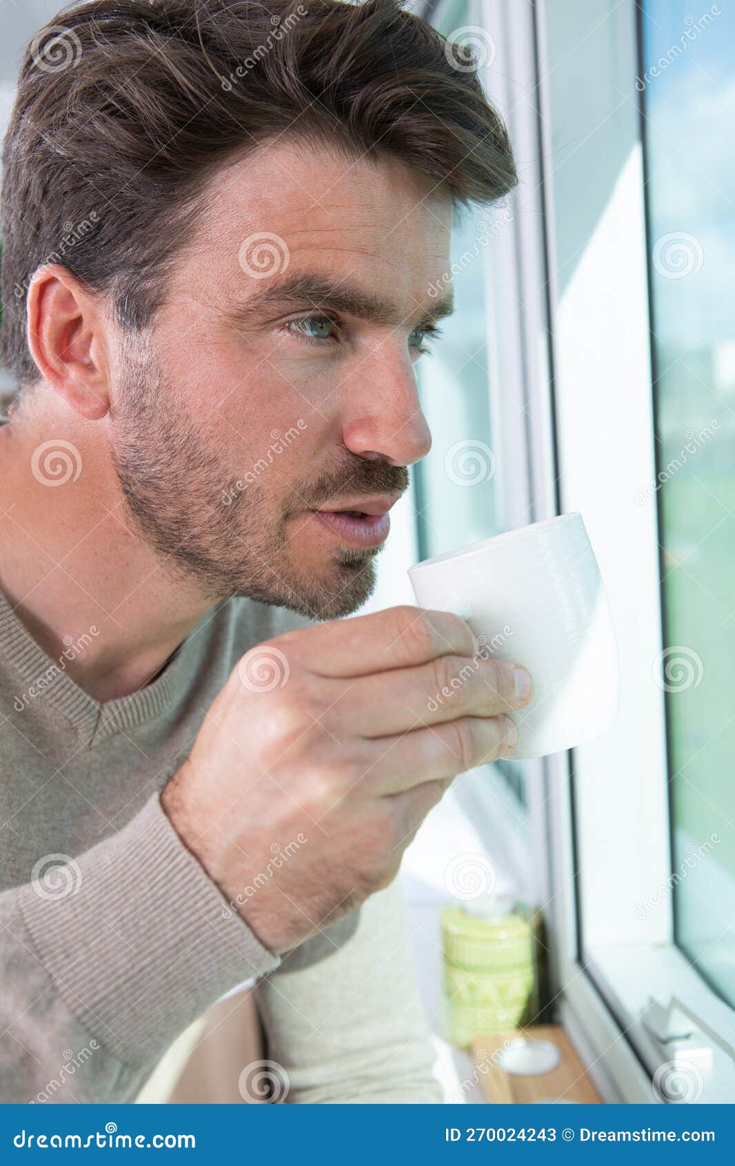 Relaxed Man Drinks First Morning Coffee Looking Out Stock Image - Image ...