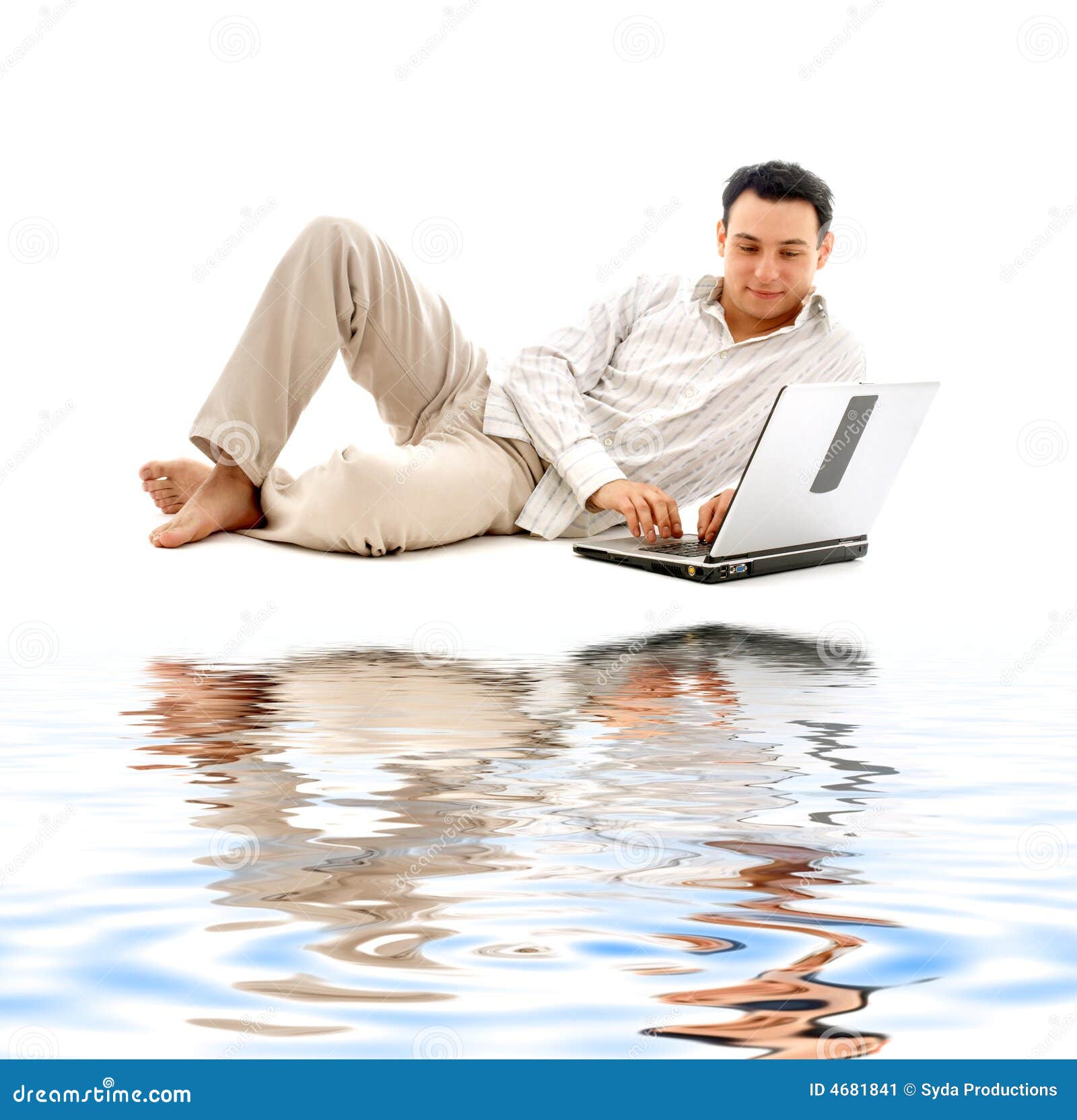 Relaxed Man with Laptop on White Sand Stock Image - Image of ...