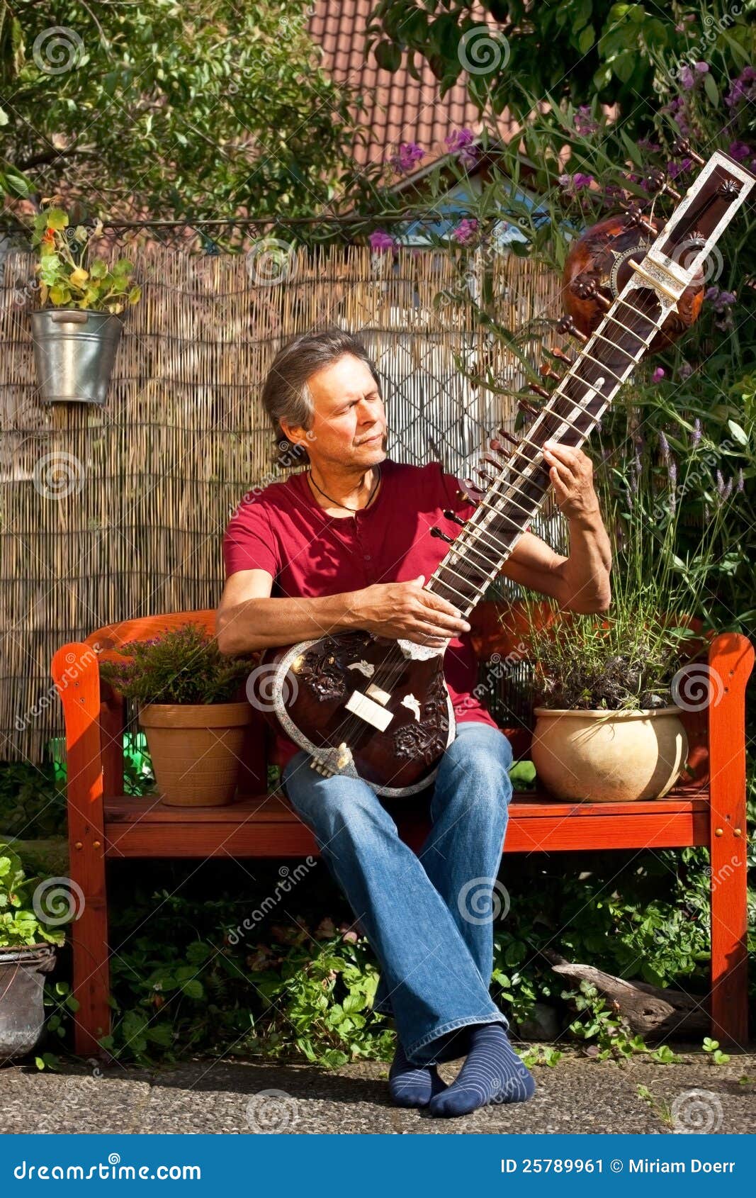 Relaxed Older Man is Playing a Sitar Stock Image - Image of pension ...