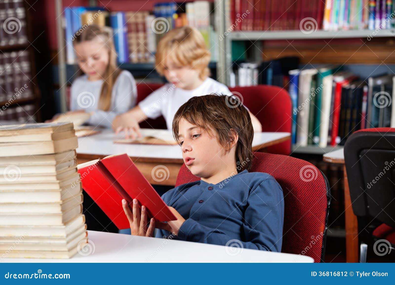 Relaxed Schoolboy Reading Book in Library Stock Photo - Image of little ...