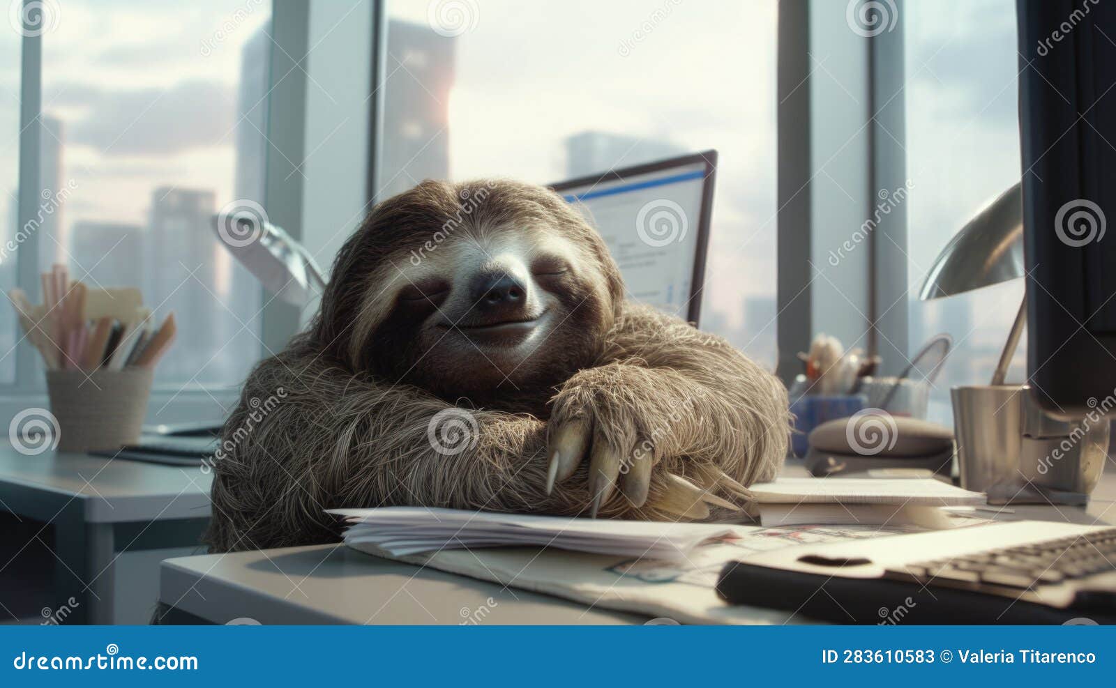 A Relaxed Sloth Peacefully Sleeps in an Office Space, Embracing Stock ...