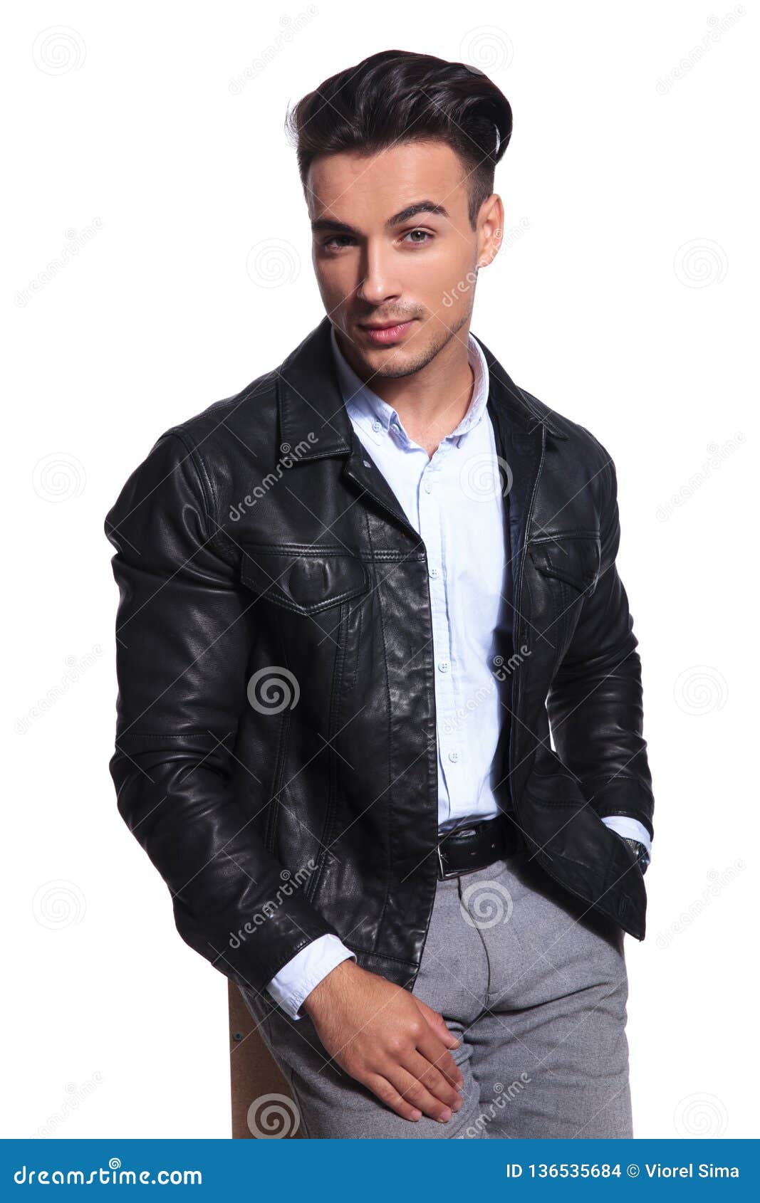 Relaxed Smart Casual Man Wearing Leather Jacket Holds Pockets Stock ... Relaxed Smart Casual Man Wearing Leather Jacket Holds Pockets Stock ...