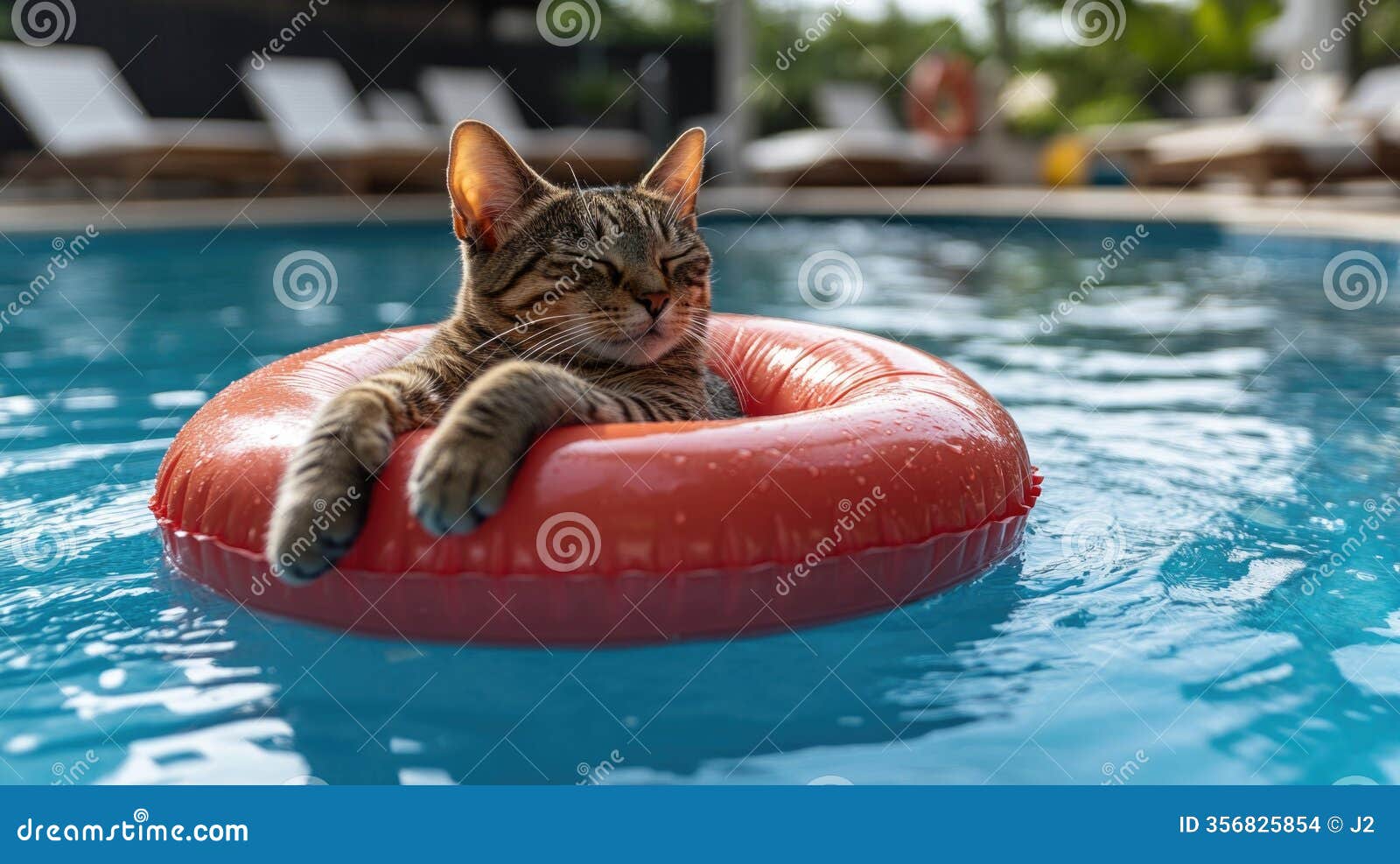 Relaxed Tabby Cat Floating on Inflatable Ring in Swimming Pool Stock ...