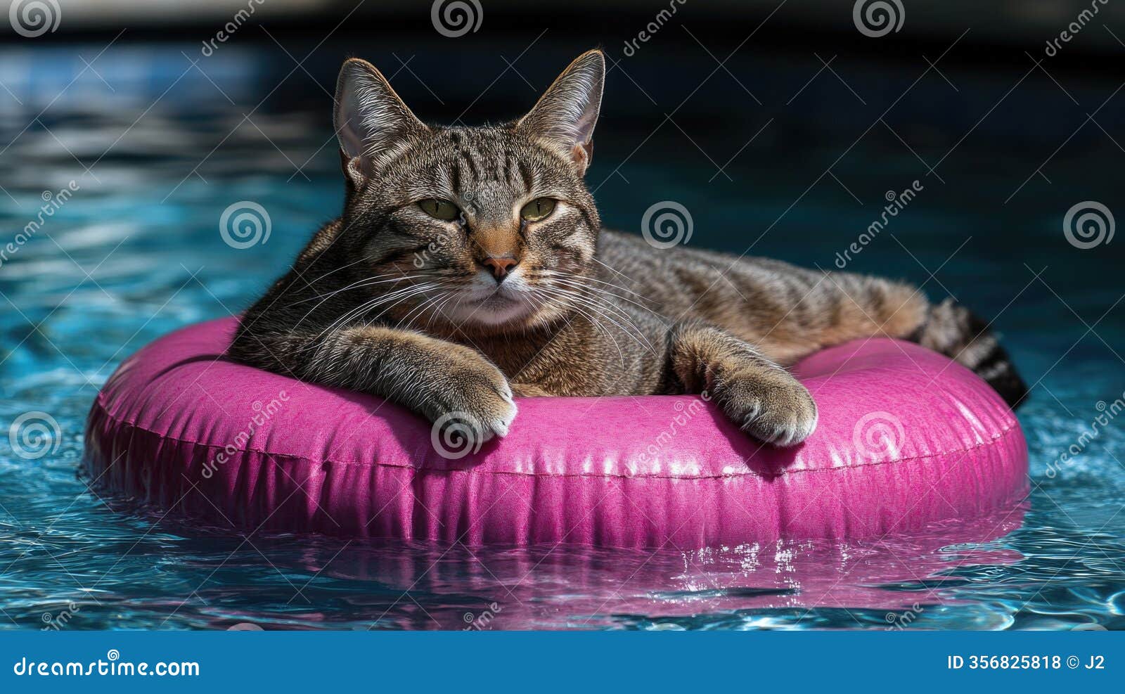 Relaxed Tabby Cat Floating on Pink Inflatable in a Pool Stock Photo ...