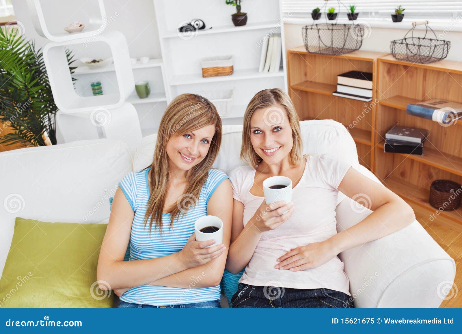 Relaxed Two Women Drinking Coffee Smiling Stock Image - Image of ...
