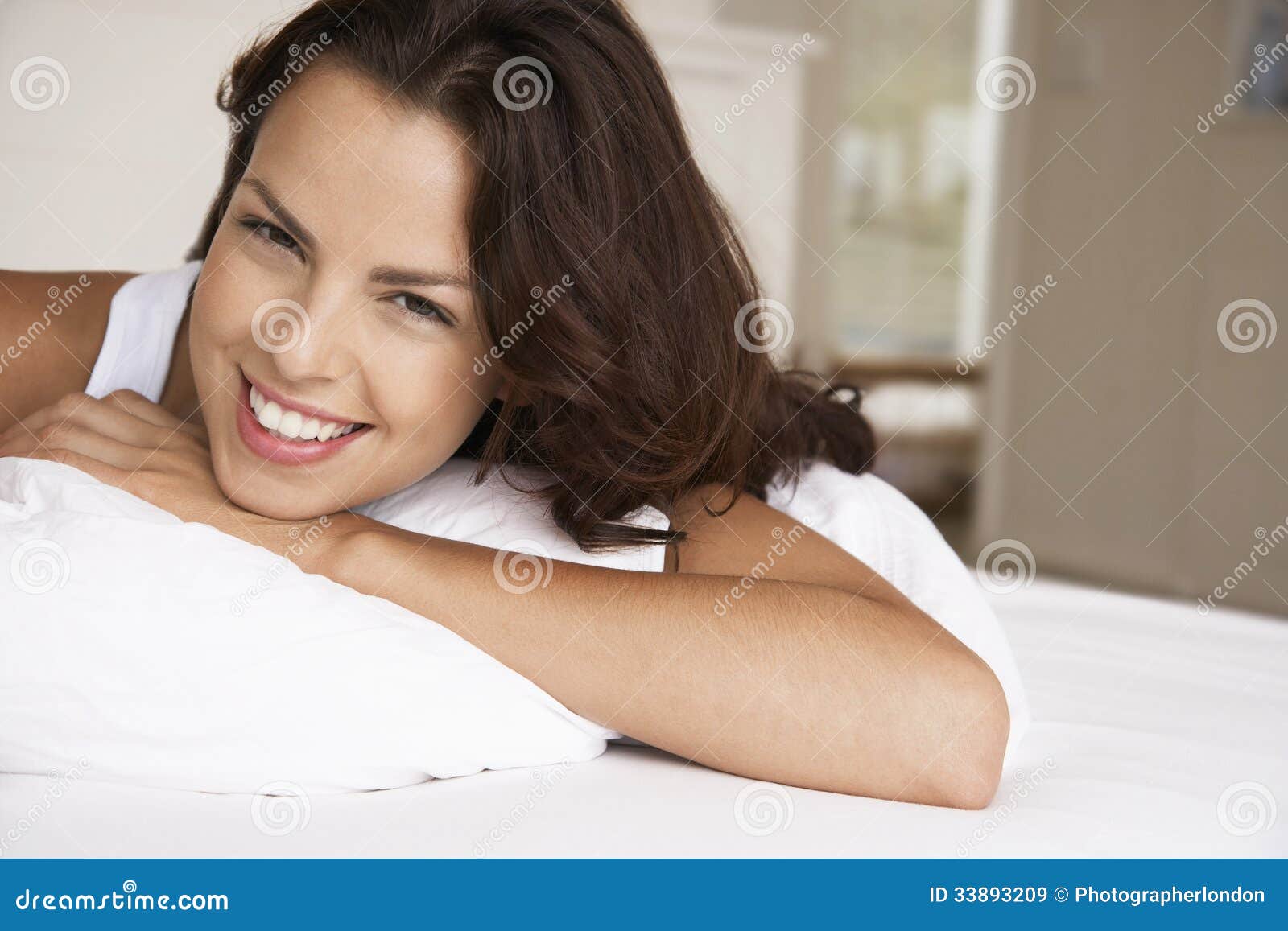 Relaxed Woman in Bed Smiling Stock Image - Image of indoors, lifestyle ...