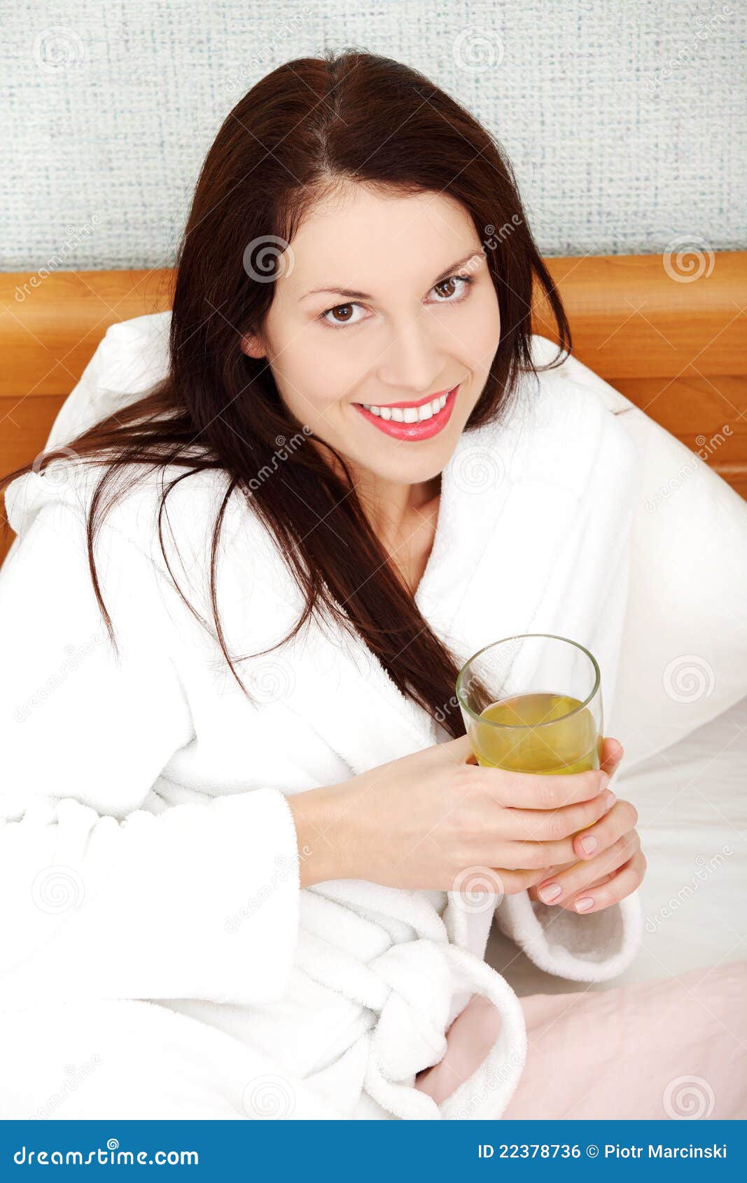 Relaxed Woman Drinking Juice in the Bed. Stock Photo - Image of hair ...