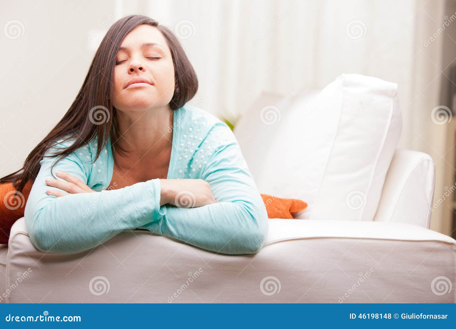 Relaxed Woman Thinking on Her Sofa Stock Photo - Image of ideas, cute ...