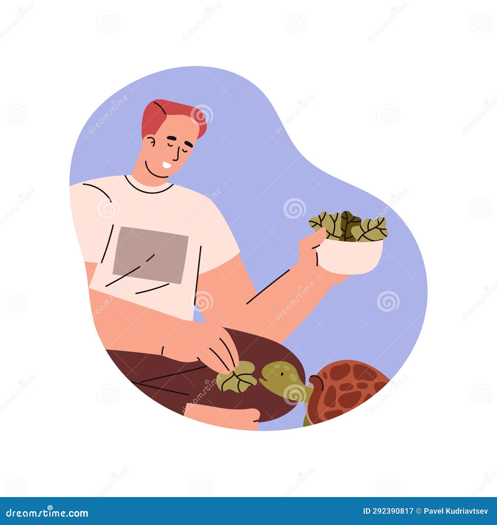 Relaxed Young Man Feeding Turtle Leaves Flat Style, Vector Illustration ...
