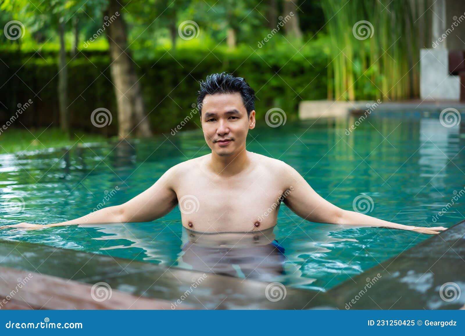Relaxed Man in Swimming Pool Stock Image - Image of resting, portrait ...