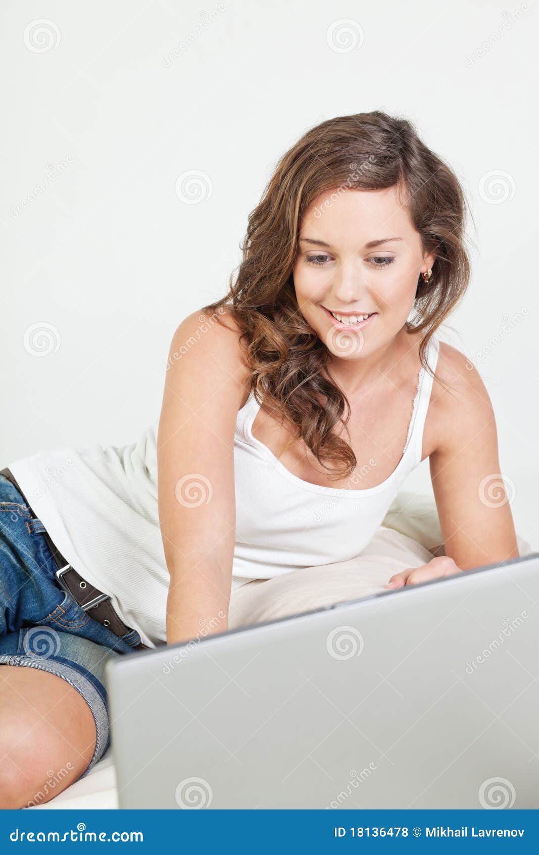 Relaxed Young Woman in Bed with Laptop Stock Photo - Image of beautiful ...