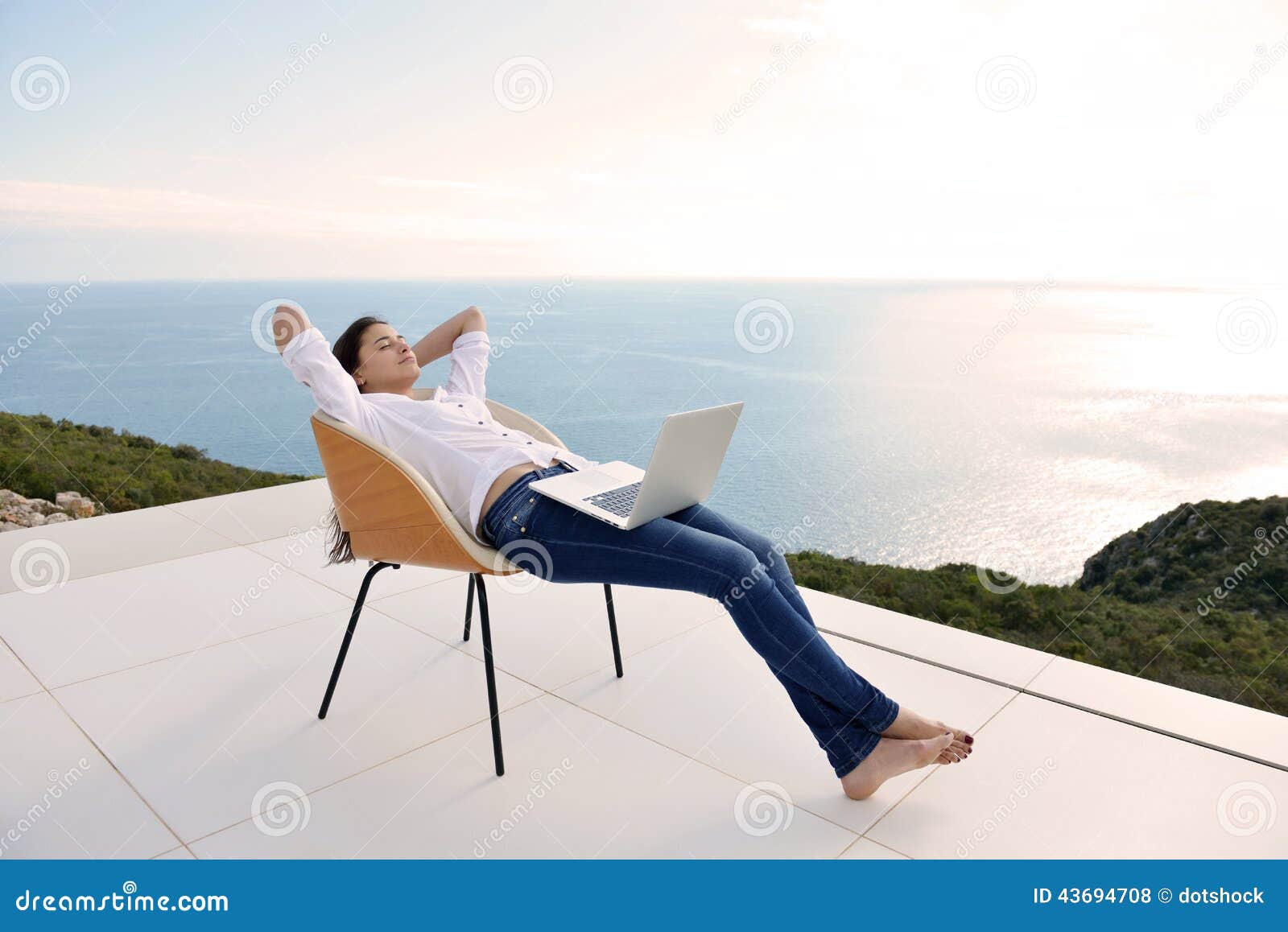 Relaxed Young Woman at Home Working on Laptop Stock Photo - Image of ...