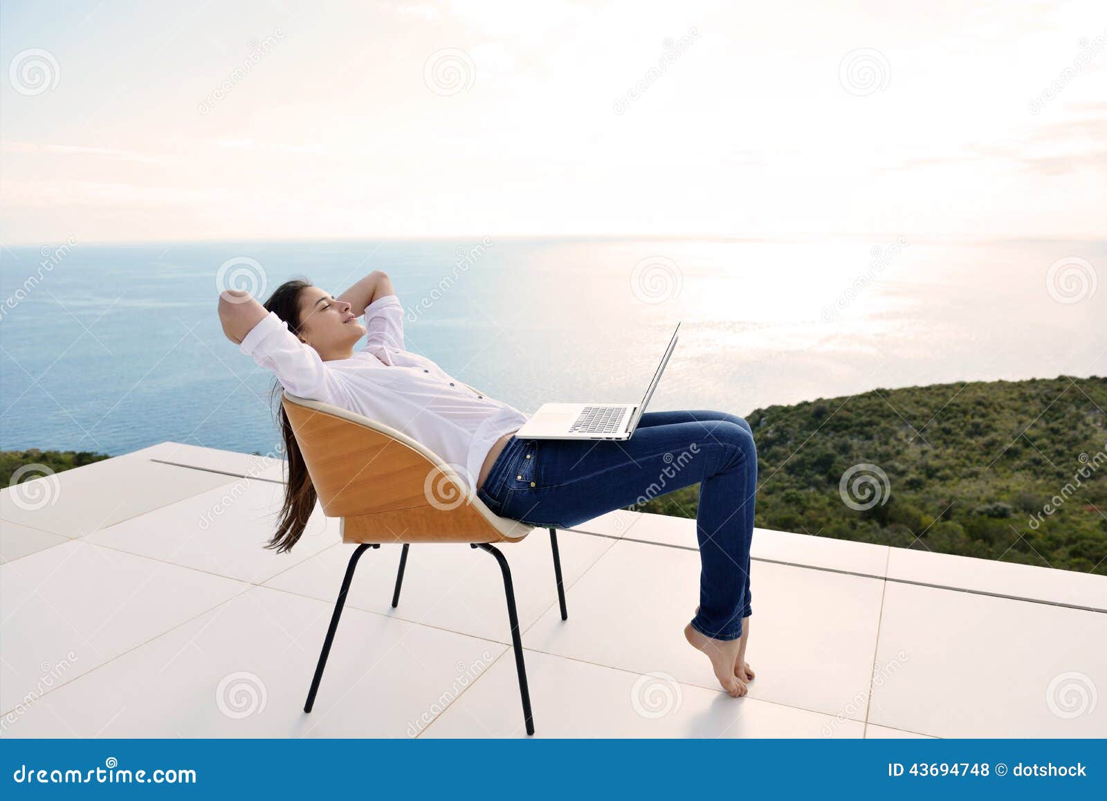 Relaxed Young Woman at Home Working on Laptop Stock Photo - Image of ...