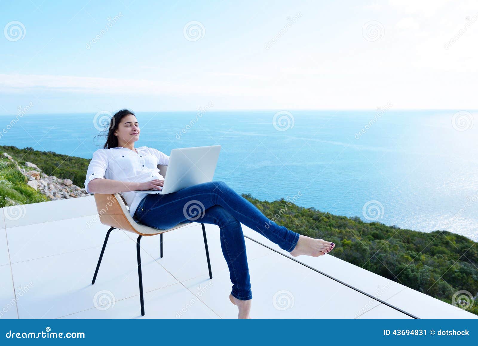 Relaxed Young Woman at Home Working on Laptop Stock Image - Image of ...