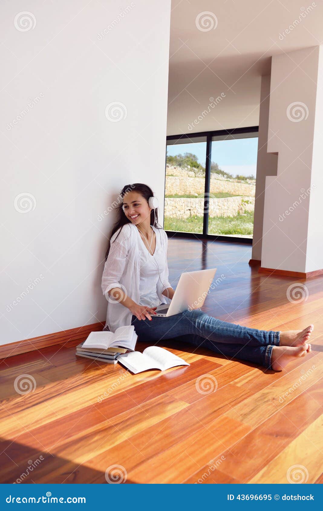 Relaxed Young Woman at Home Working on Laptop Stock Image - Image of ...