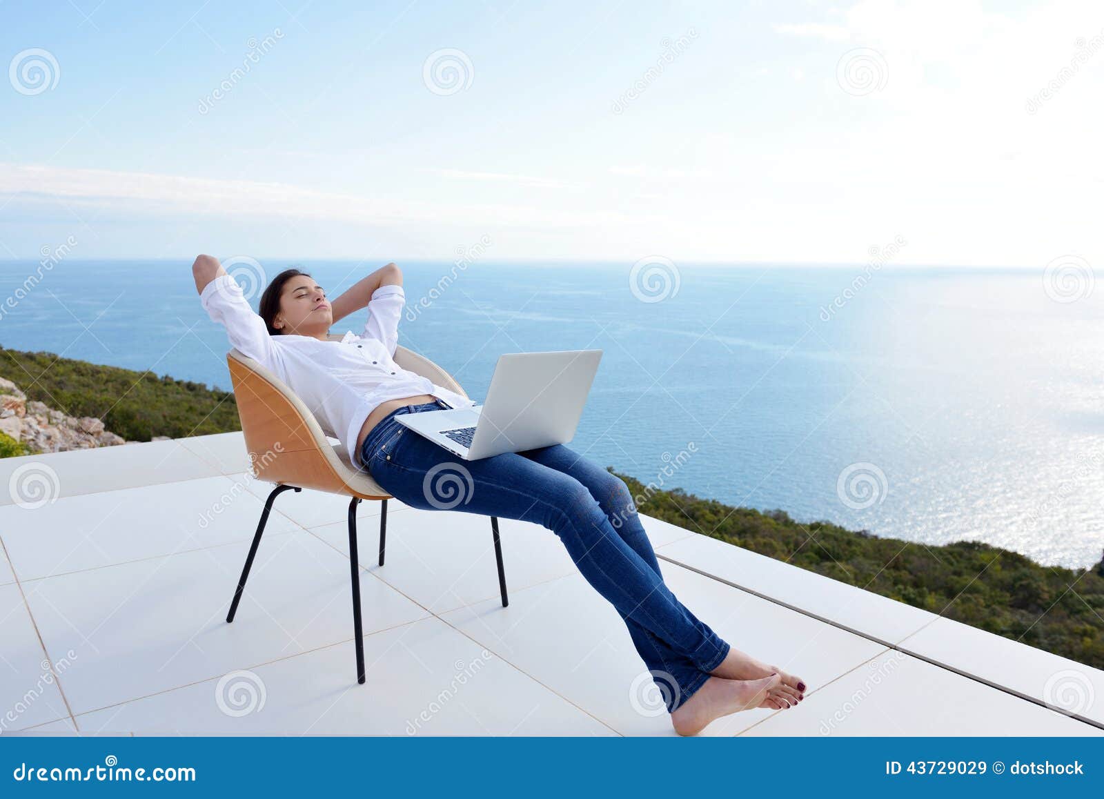 Relaxed Young Woman at Home Working on Laptop Stock Image - Image of ...