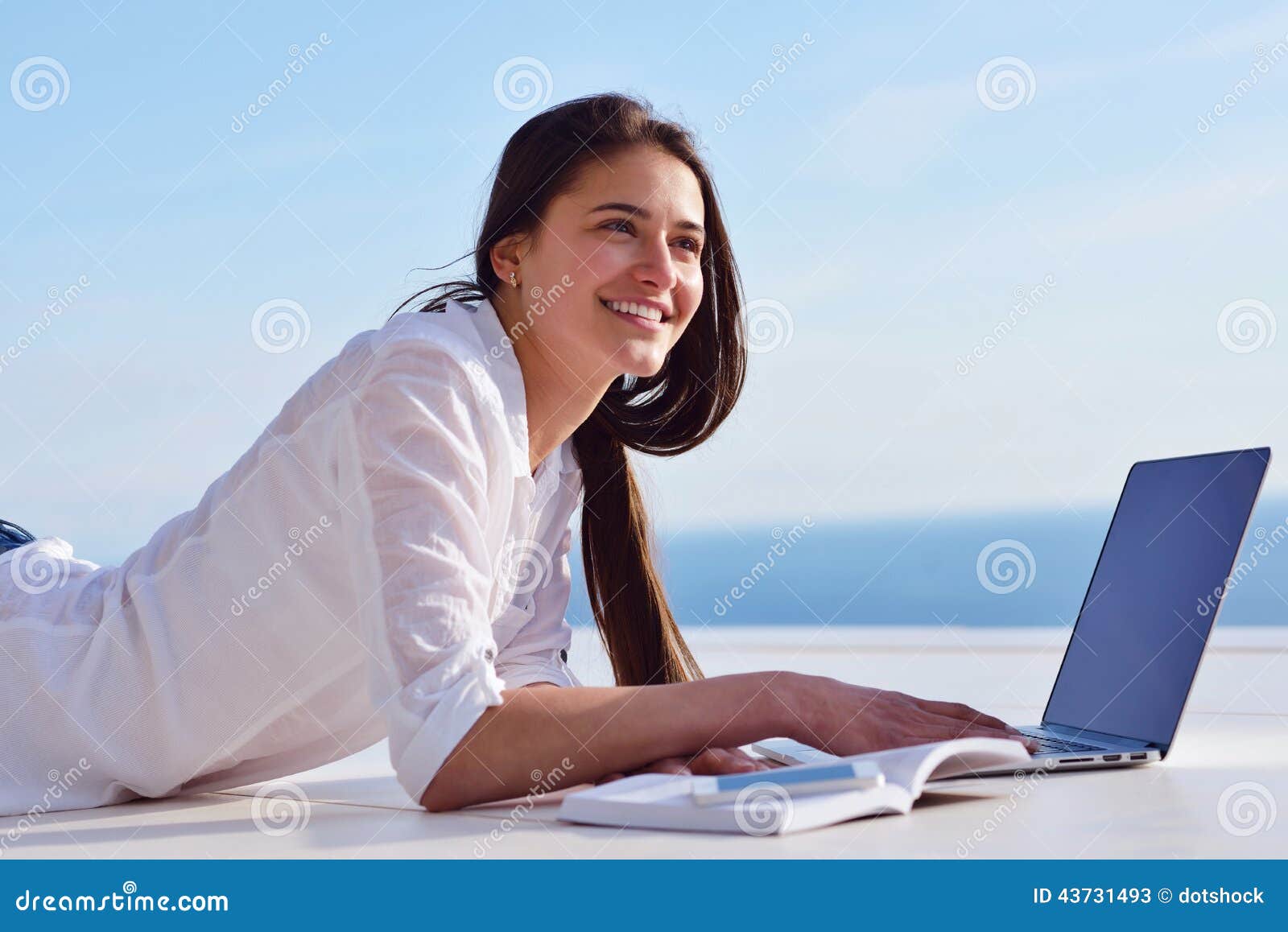 Relaxed Young Woman at Home Working on Laptop Computer Stock Image ...