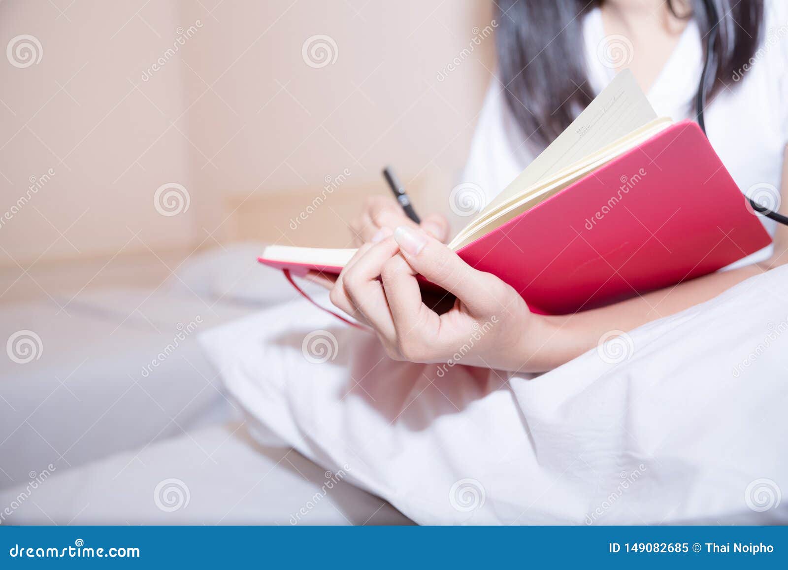 Relaxed Young Woman in Pajamas Writing Diary Stock Image - Image of ...