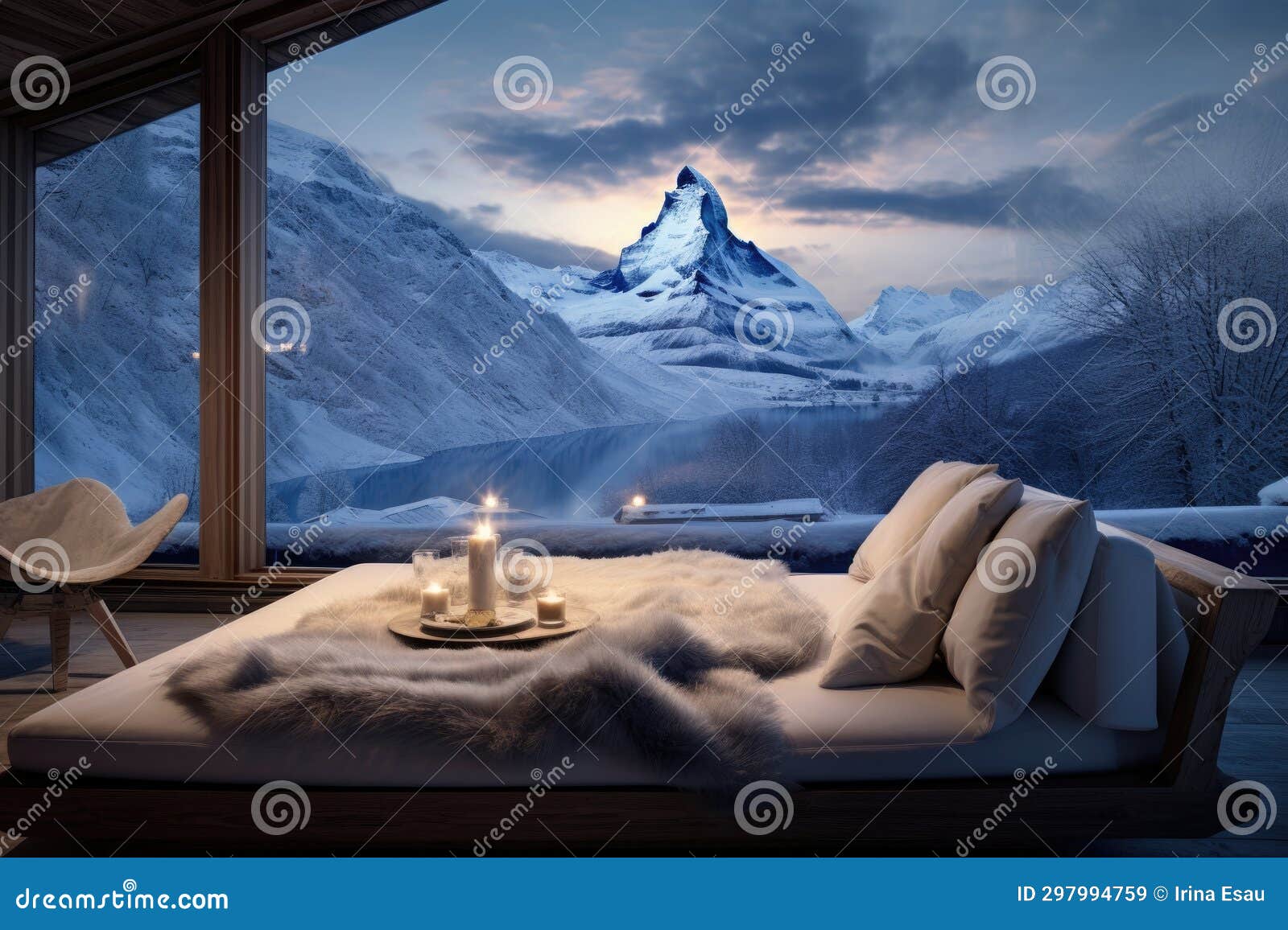 A Relaxing Corner Overlooking a Snow-capped Mountain by Candlelight ...