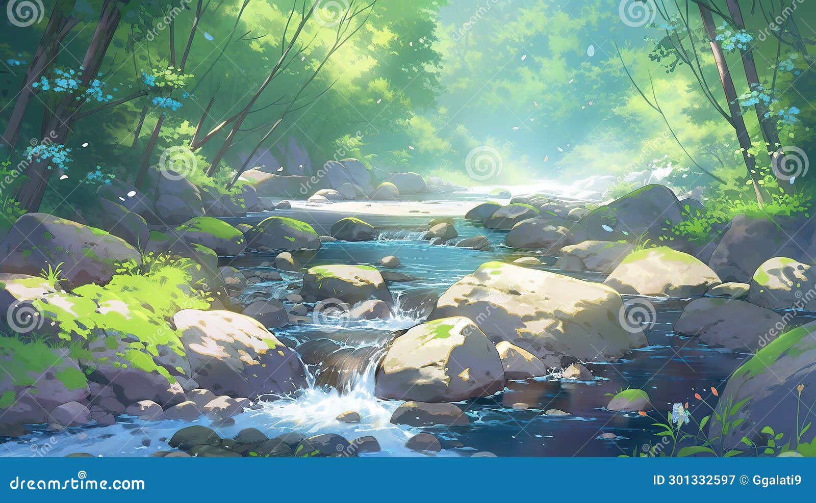 A Relaxing Flowing River Scenery in a Forest, Calm Down Anime Artwork ...