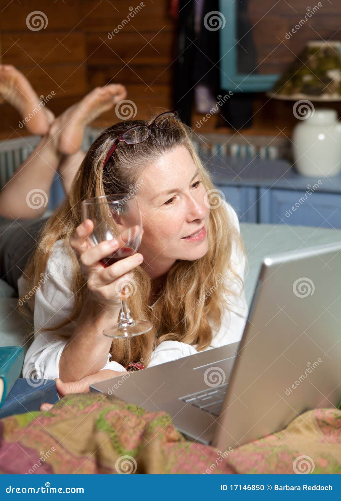 Relaxing with Glass of Wine at Laptop Computer Stock Photo - Image of ...