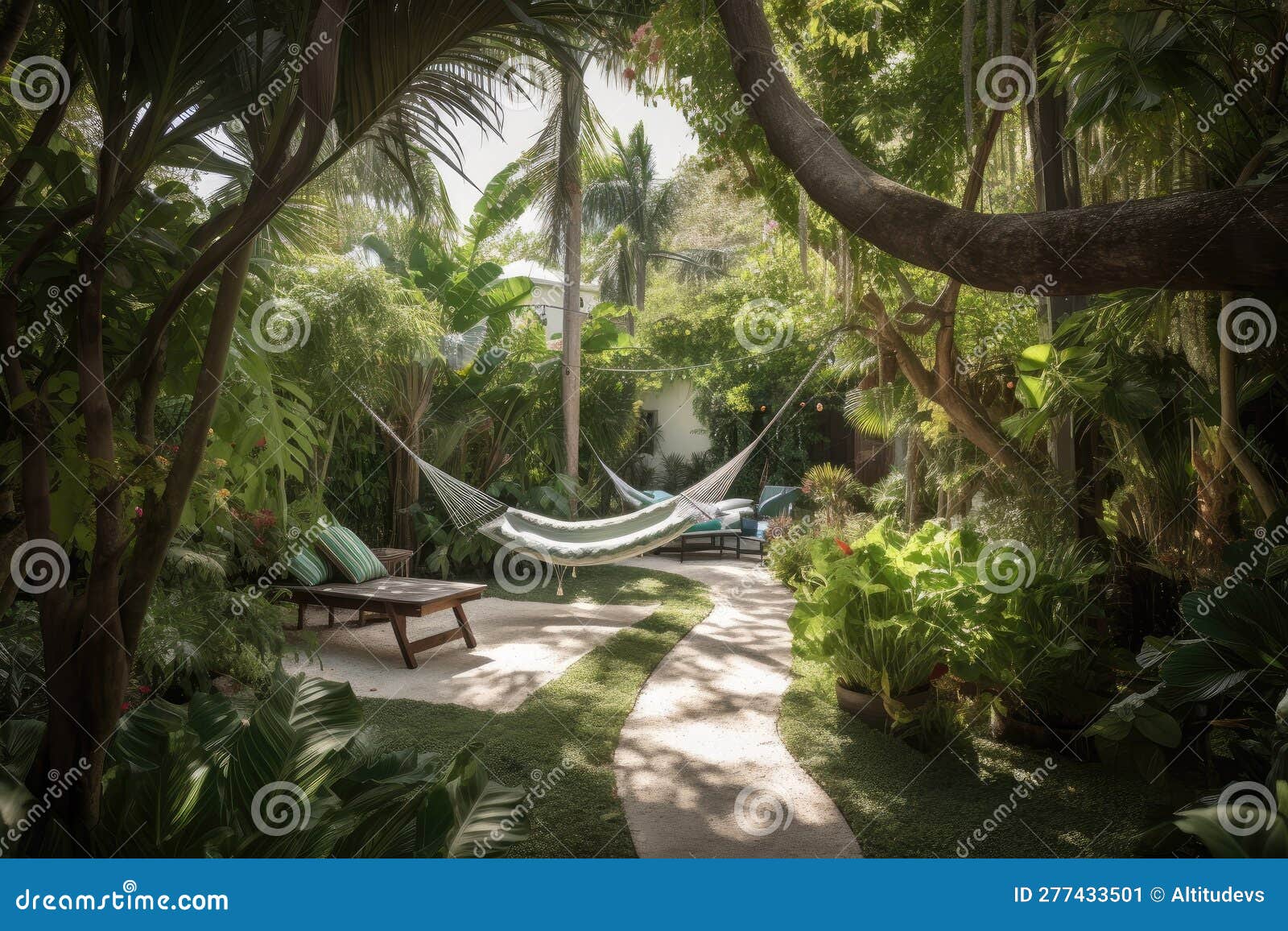 Relaxing Oasis with Lounge Chairs and Hammocks, Surrounded by Lush ...