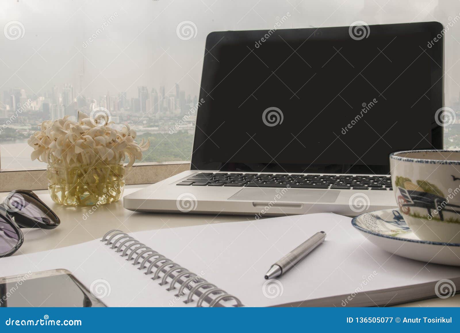 Relaxing Office Space for Work on a White Table by the Balcony Stock ...