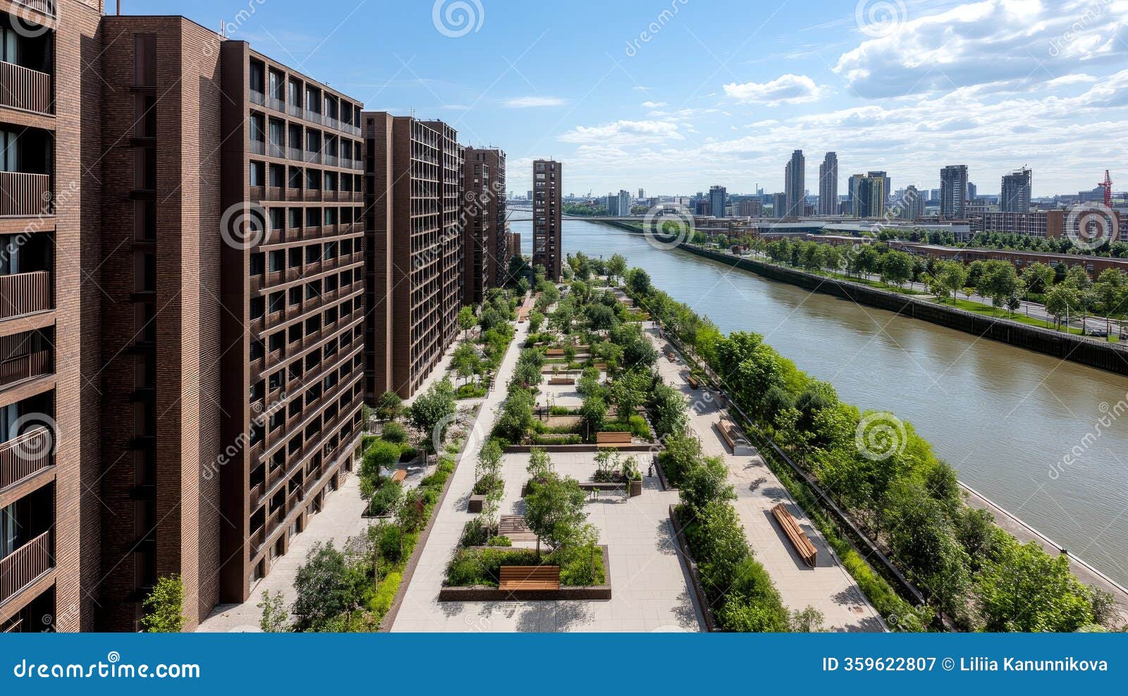 Relaxing Pathway Lined with Benches Leads through a Modern Apartment ...